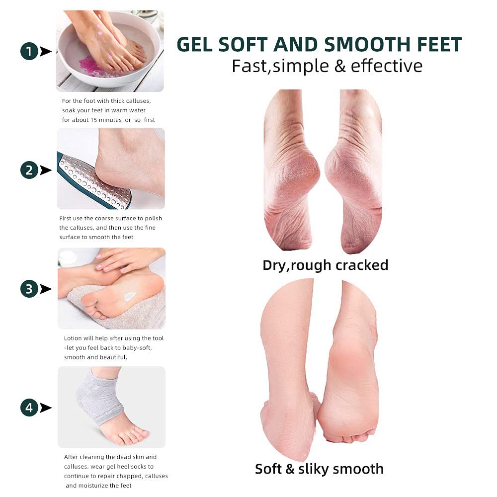 Foot File and Spa Socks Set, Foot Care Pedicure Stainless Steel File, Gel Lined Toeless Spa Socks, Moisturizing Heel Socks (Green+Grey)