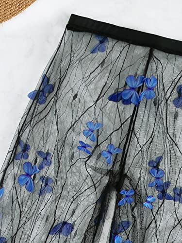 MakeMeChic Women's 3 Piece Swimsuit Full Coverage Bikini Set with Butterfly Cover Up Pants Black Blue M