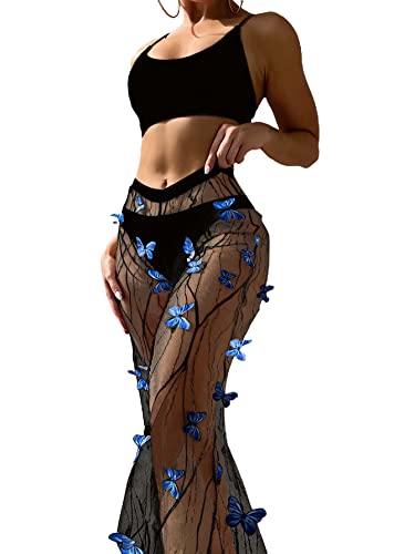 MakeMeChic Women's 3 Piece Swimsuit Full Coverage Bikini Set with Butterfly Cover Up Pants Black Blue M