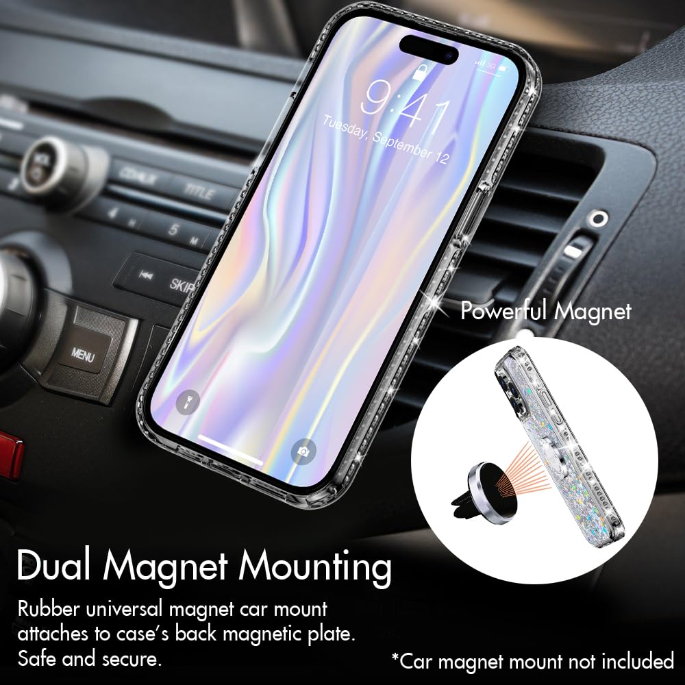 Silverback for iPhone 14 Pro Case with Ring, Moving Liquid Holographic Sparkle Glitter Case with Stand, Girls Women Bling Diamond Slim Protective Case for Apple iPhone 14 Pro 6.1''- Clear Silver