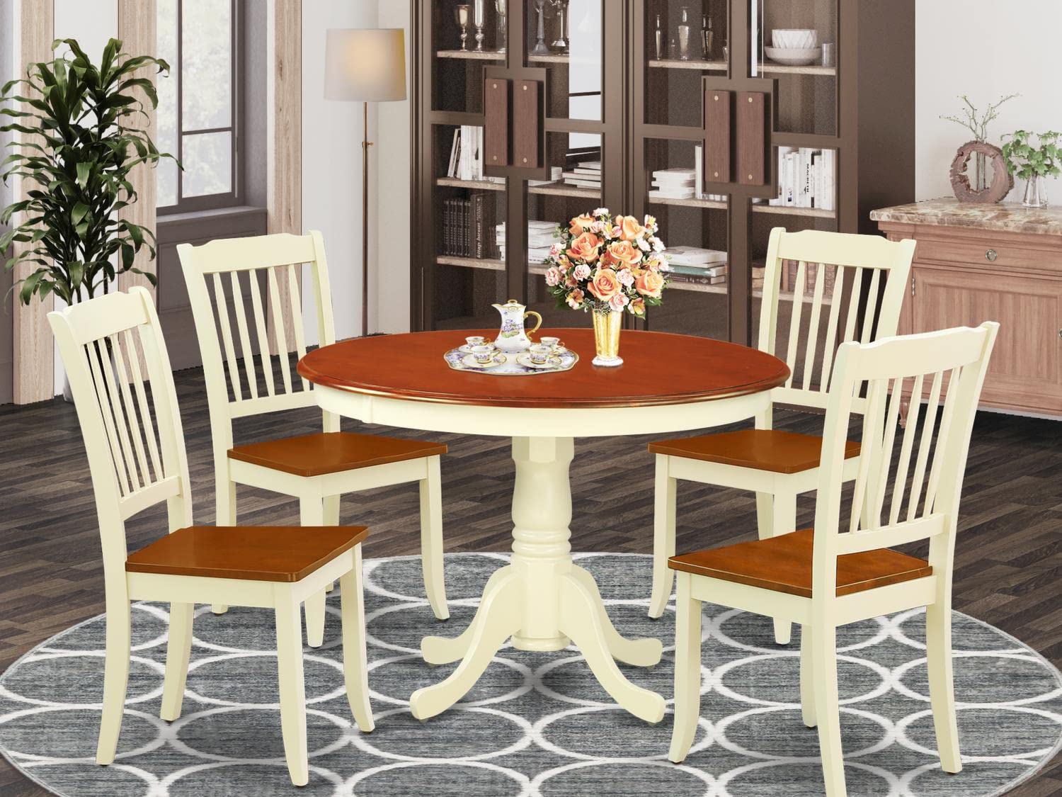 East West Furniture HLDA5-BMK-W 5 Piece Modern Dining Table Set Includes a Round Wooden Table with Pedestal and 4 Dining Room Chairs, 42x42 Inch, Buttermilk & Cherry