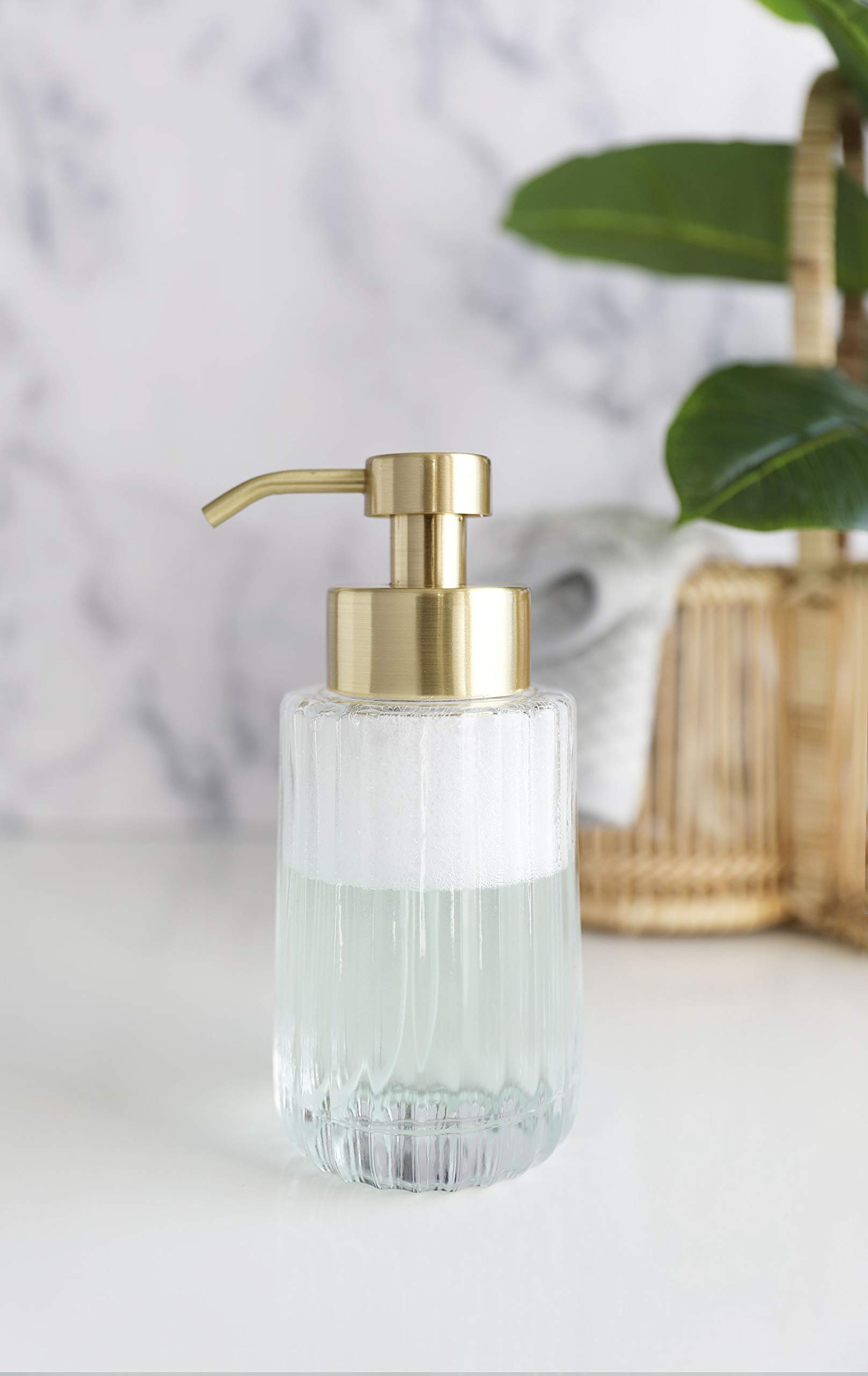 Rail19 Flora Fluted Foaming Soap Dispenser | Vintage-Inspired Modern Glass Refillable Pump Bottle for Bathroom Vanity Countertop and Kitchen, 10oz (Gold)