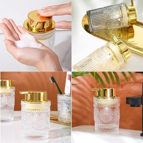 Glass Foam Soap Dispenser, Portable Press Soap Bottle, Refillable Foaming Pump Bottle with Gold Pump, Foam Hand Soap Dispenser for Bathroom Kitchen, Modern Home Bathroom Decor