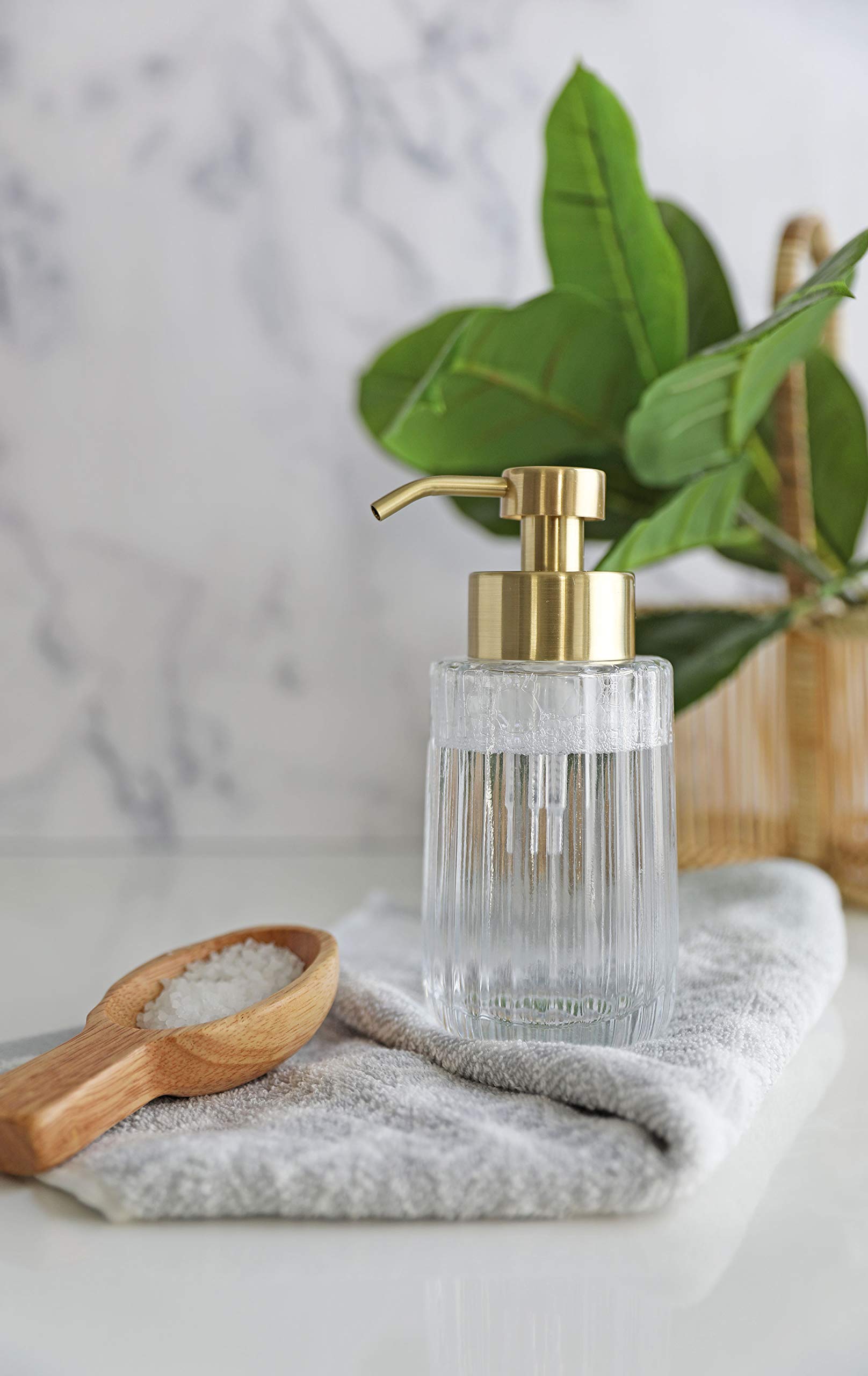 Rail19 Flora Fluted Foaming Soap Dispenser | Vintage-Inspired Modern Glass Refillable Pump Bottle for Bathroom Vanity Countertop and Kitchen, 10oz (Gold)