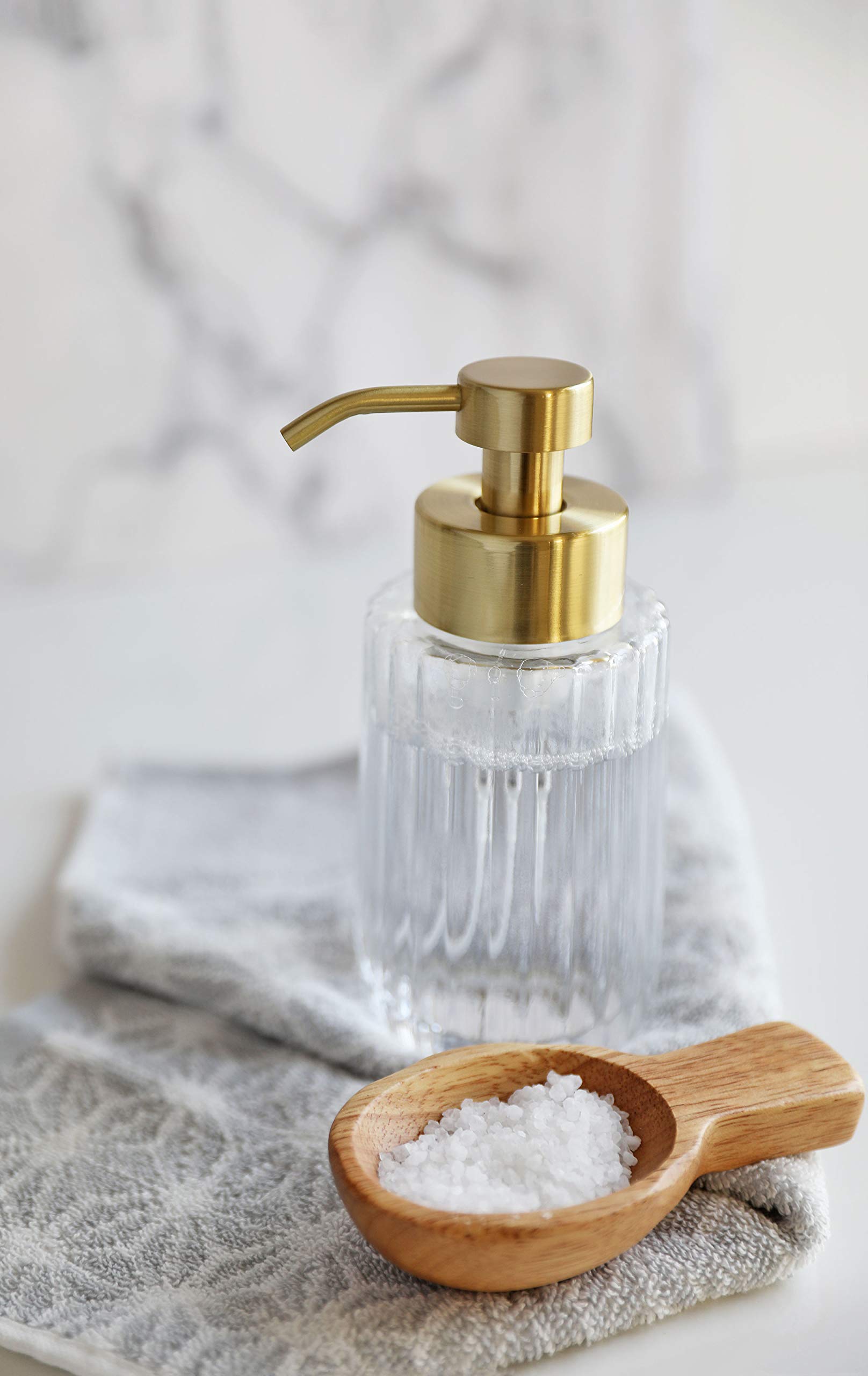 Rail19 Flora Fluted Foaming Soap Dispenser | Vintage-Inspired Modern Glass Refillable Pump Bottle for Bathroom Vanity Countertop and Kitchen, 10oz (Gold)