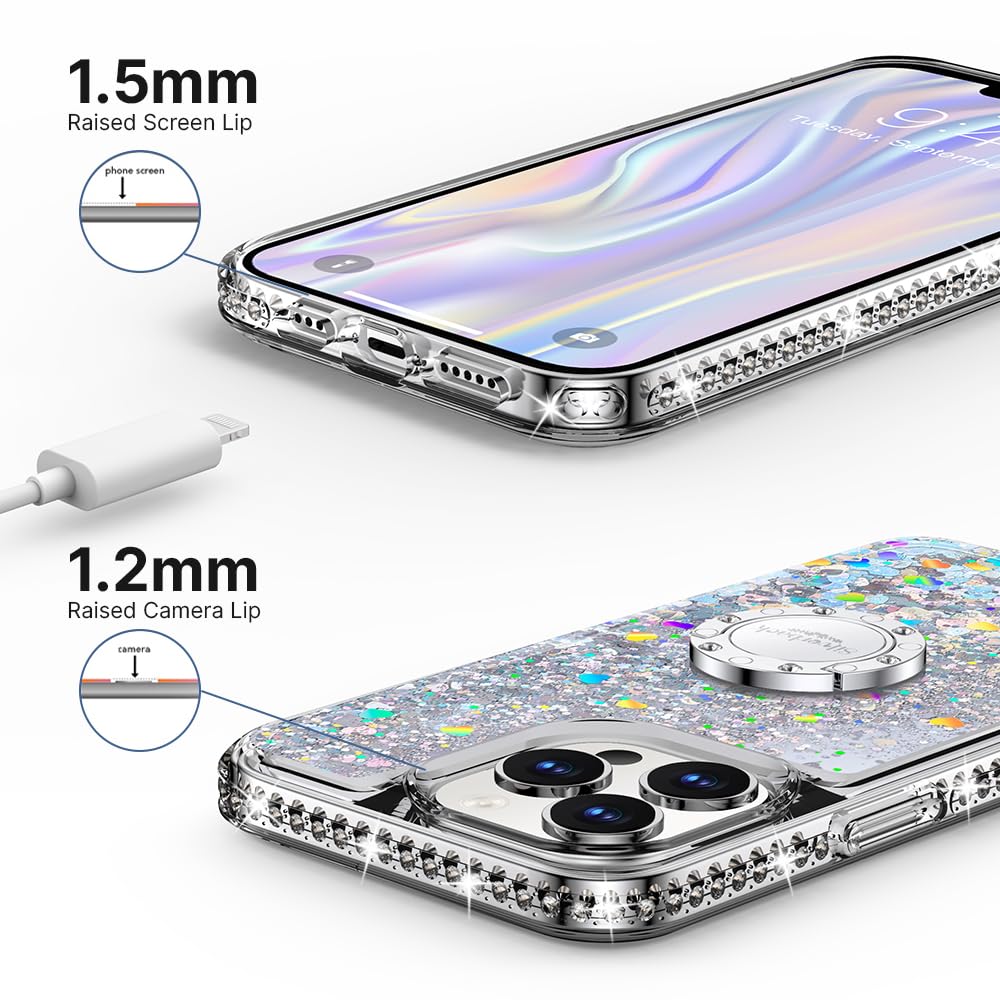 Silverback for iPhone 14 Pro Case with Ring, Moving Liquid Holographic Sparkle Glitter Case with Stand, Girls Women Bling Diamond Slim Protective Case for Apple iPhone 14 Pro 6.1''- Clear Silver