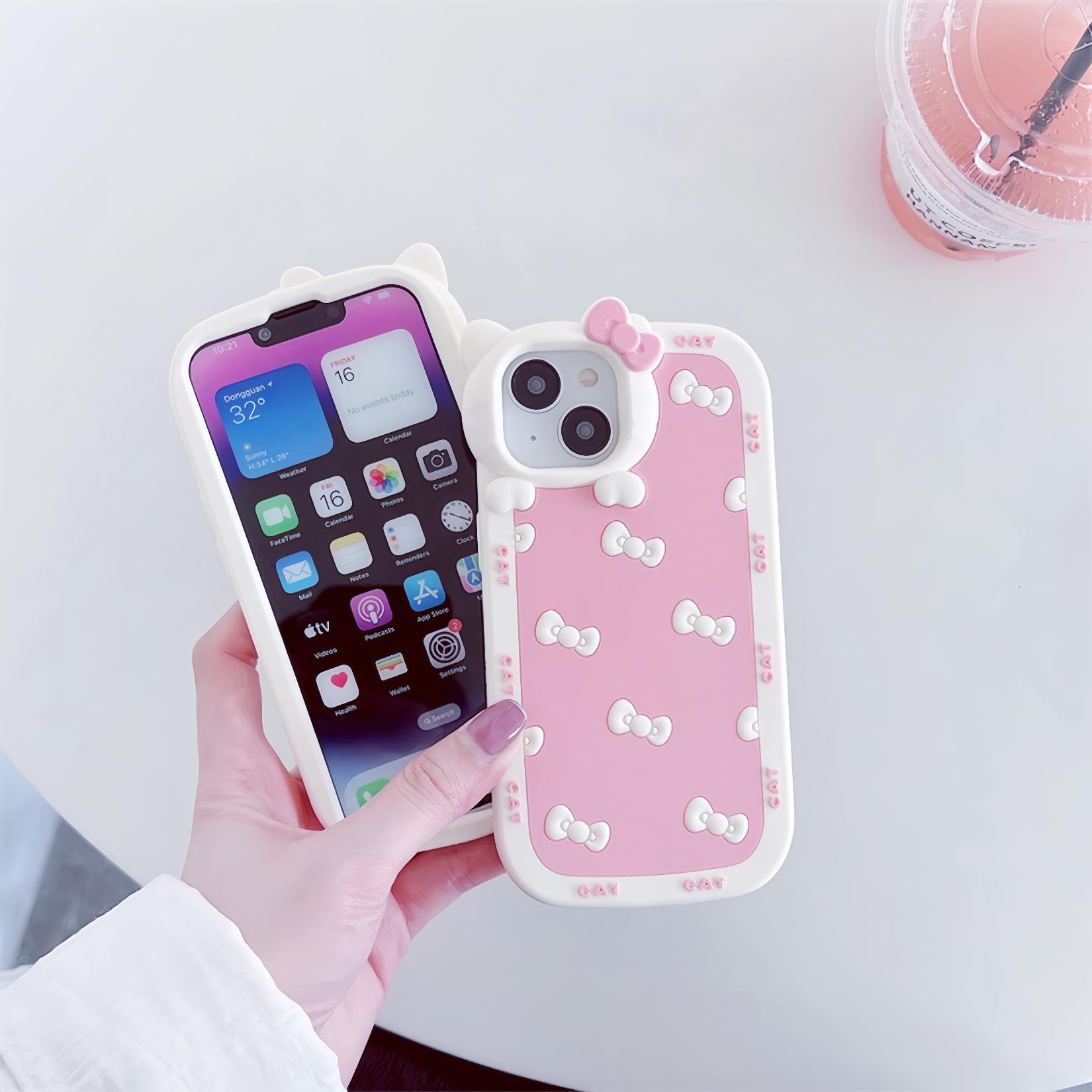 AUCAN Cute Silicone Case for iPhone 14 Pro Max 6.7", Pink Kawaii Soft Funny Cover, Shockproof Classic Cat Bow Cellular Phone Case for Girls Women