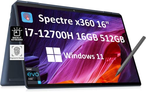 Spectre x360 16" 2-in-1 3K QHD+ Touchscreen (Intel 12th Gen i7-12700H, 16GB RAM, 512GB SSD, Stylus) Home & Business Laptop, Long-Battery Life, Fingerprint, Backlit, Thunderbolt 4, Win 11 Home