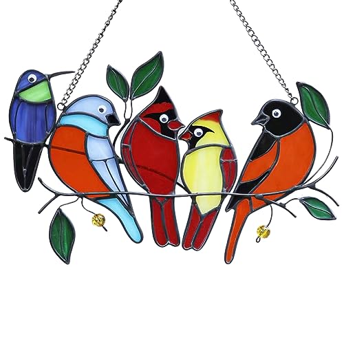 5 Glass Bird Suncatchers, Cardinal Daycatcher Wall Window,Handmade Glass Painted Bird Hanging Decoration with Metal Chain, Gift for Grandma,Mom, Bird Lovers (Color 5 Birds)