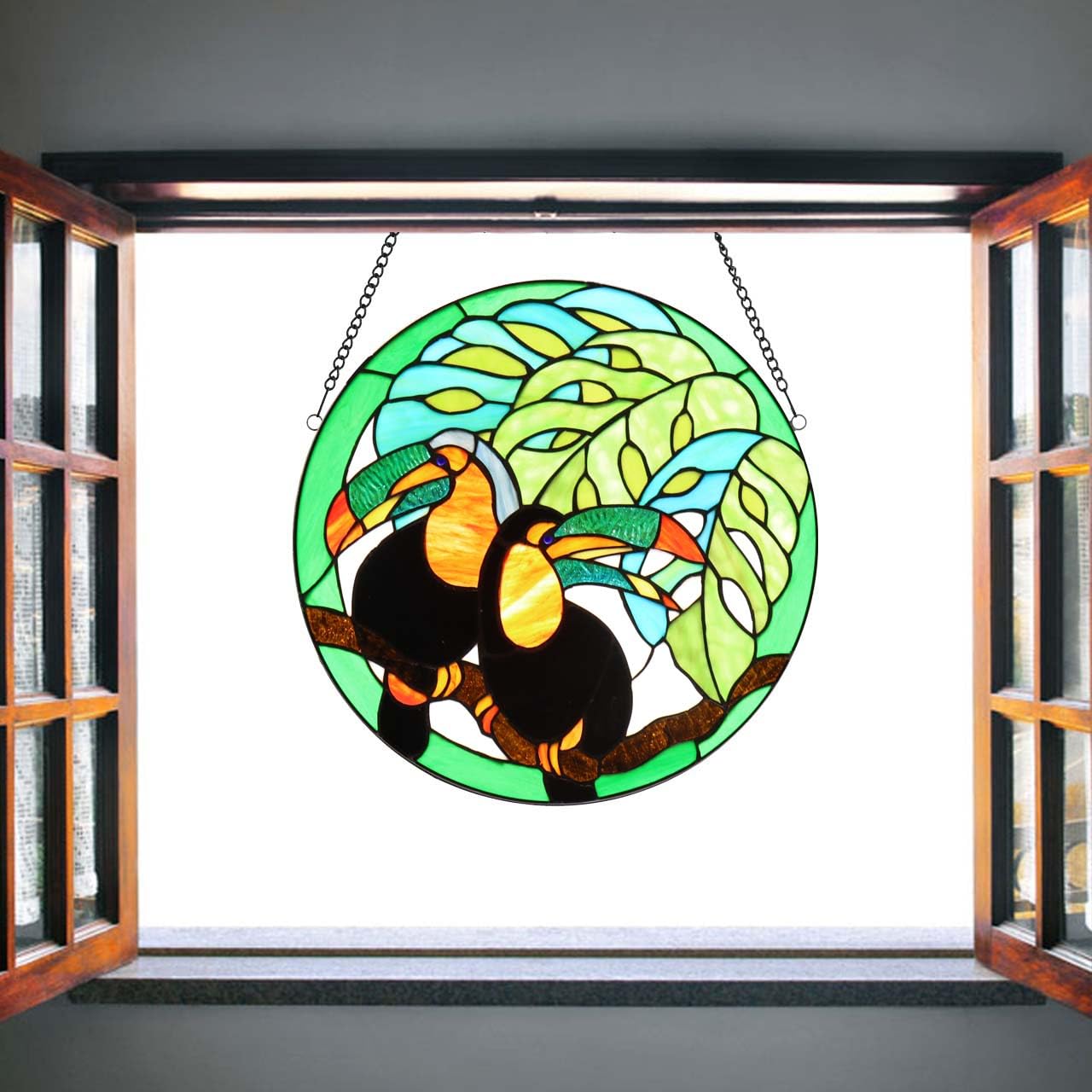 Bieye W10070 Pair of Toucans in The Swiss Cheese Plant Tiffany Style Stained Glass Window Panel, Round Shape, 16 inches Wide