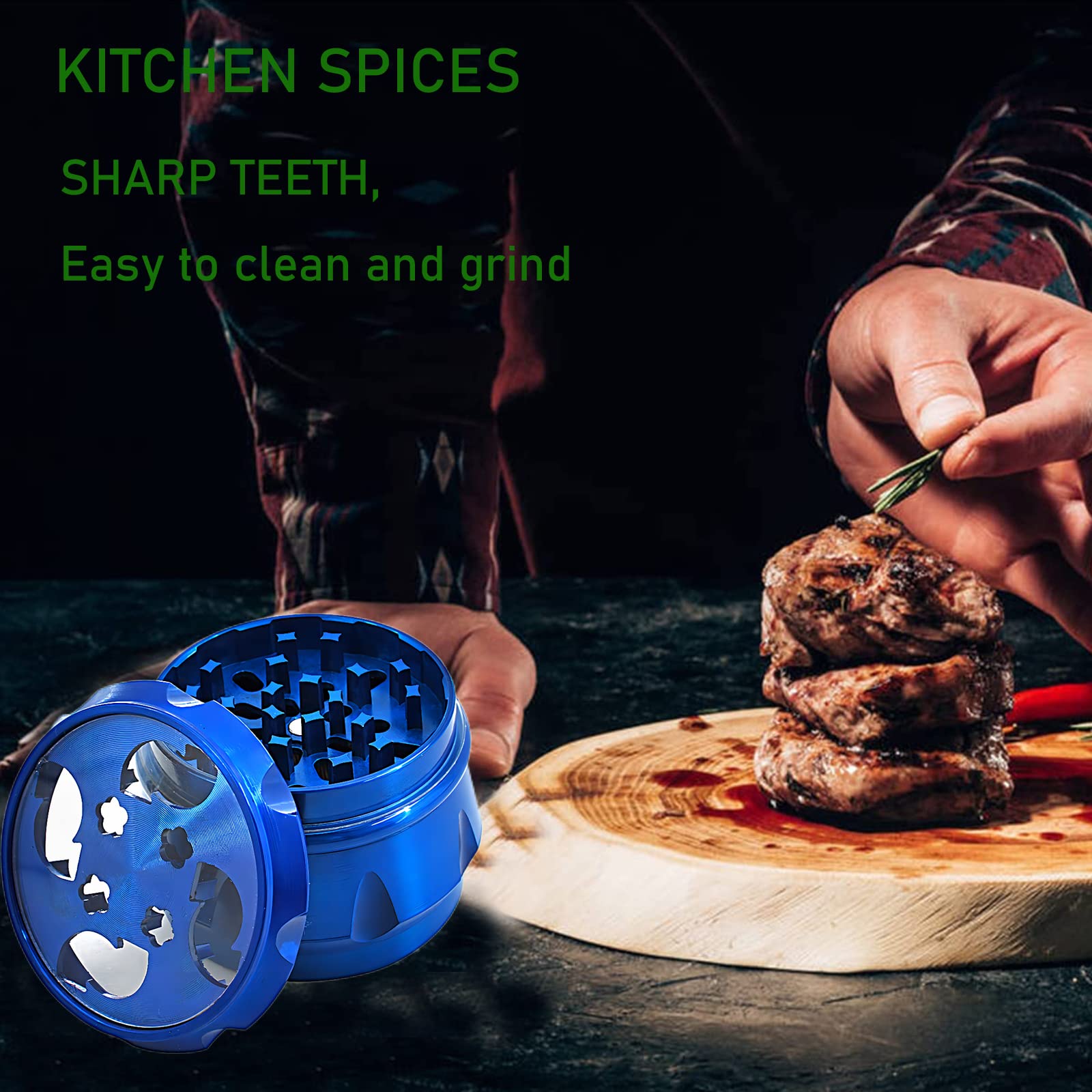 Generic 2.5 Inch Four Layers Manual Grinder - Spice and Seed Grinder - Kitchen Gadget - Transparent Cover - Easy to Clean - Suitable for Coffee Beans, Spices, Tobacco (1 Pack) (Blue)