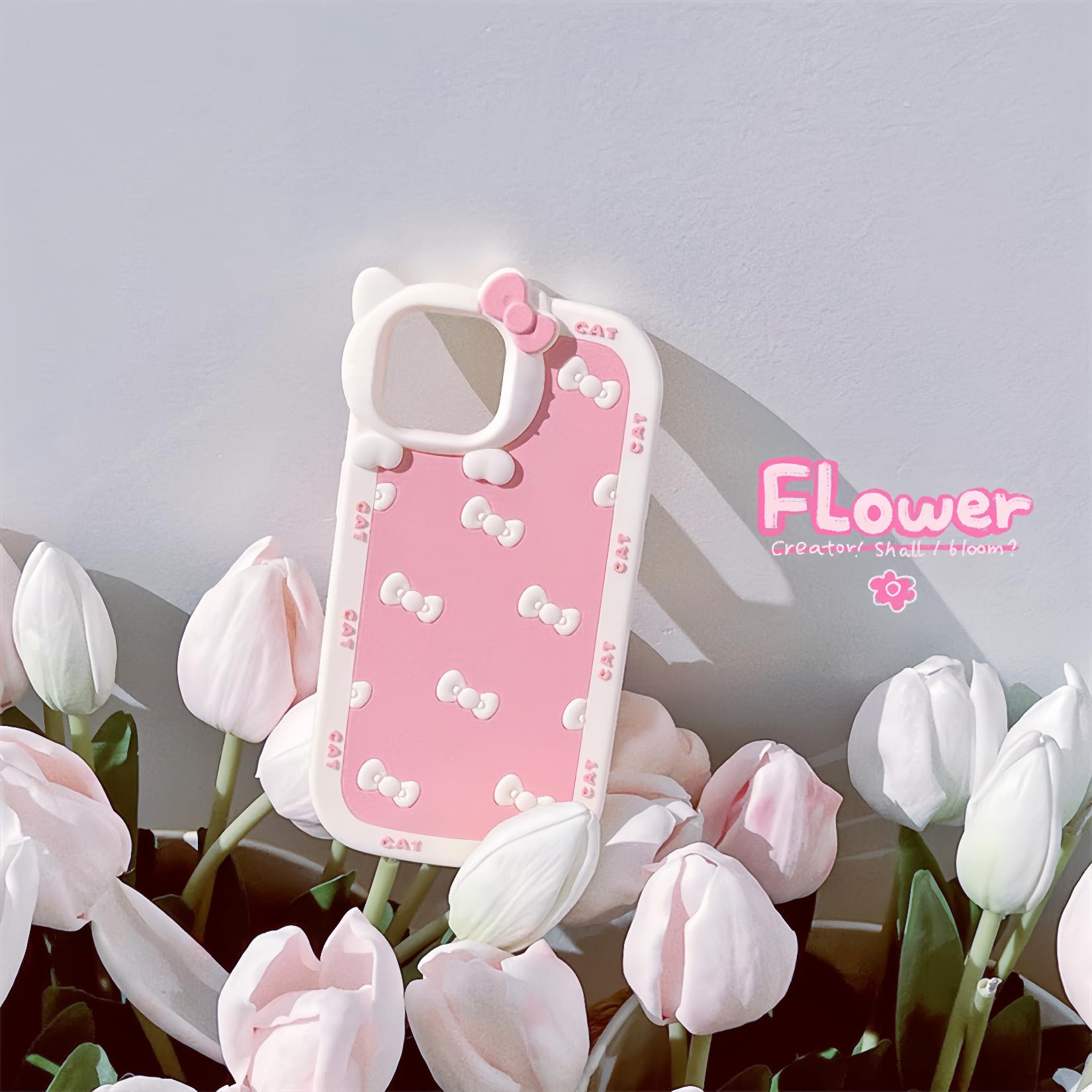 AUCAN Cute Silicone Case for iPhone 14 Pro Max 6.7", Pink Kawaii Soft Funny Cover, Shockproof Classic Cat Bow Cellular Phone Case for Girls Women