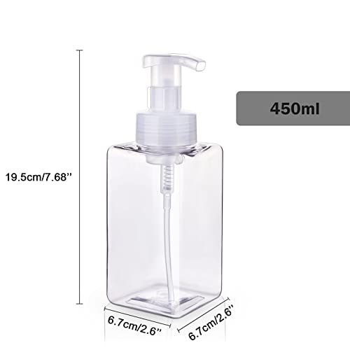 Hethyo Foaming Soap Dispenser 3 Pcs 450ml/15.2oz Square Refillable Plastic Hand Pump Bottle for Liquid Soap Shampoo Body Wash (Clear)