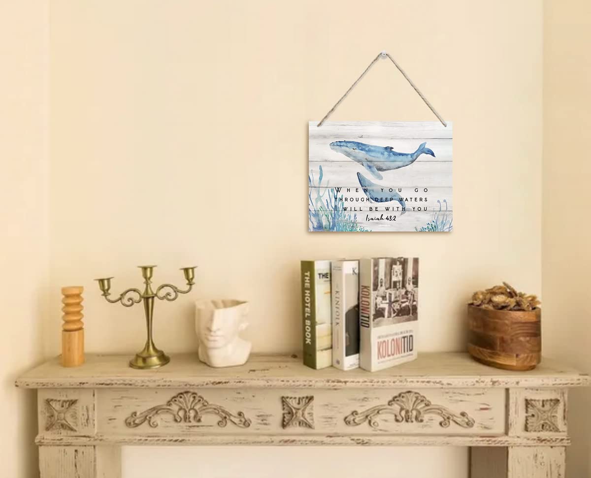 Bible Verse Printed Wood Plaque Sign Wall Hanging, Home Wall Decor When You Go Through Deep Waters I Will Be With You Scripture Rustic Hanging Wall Plaque Wood Signs, Isaiah 43:2 Christian Sign