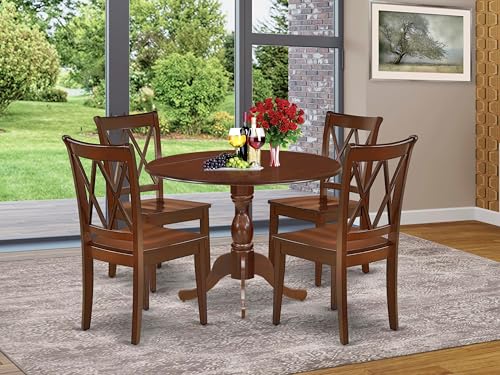 East West Furniture DMCL5-MAH-W 5 Piece Kitchen Table & Chairs Set Includes a Round Dining Table with Dropleaf and 4 Dining Room Chairs, 42x42 Inch, Mahogany