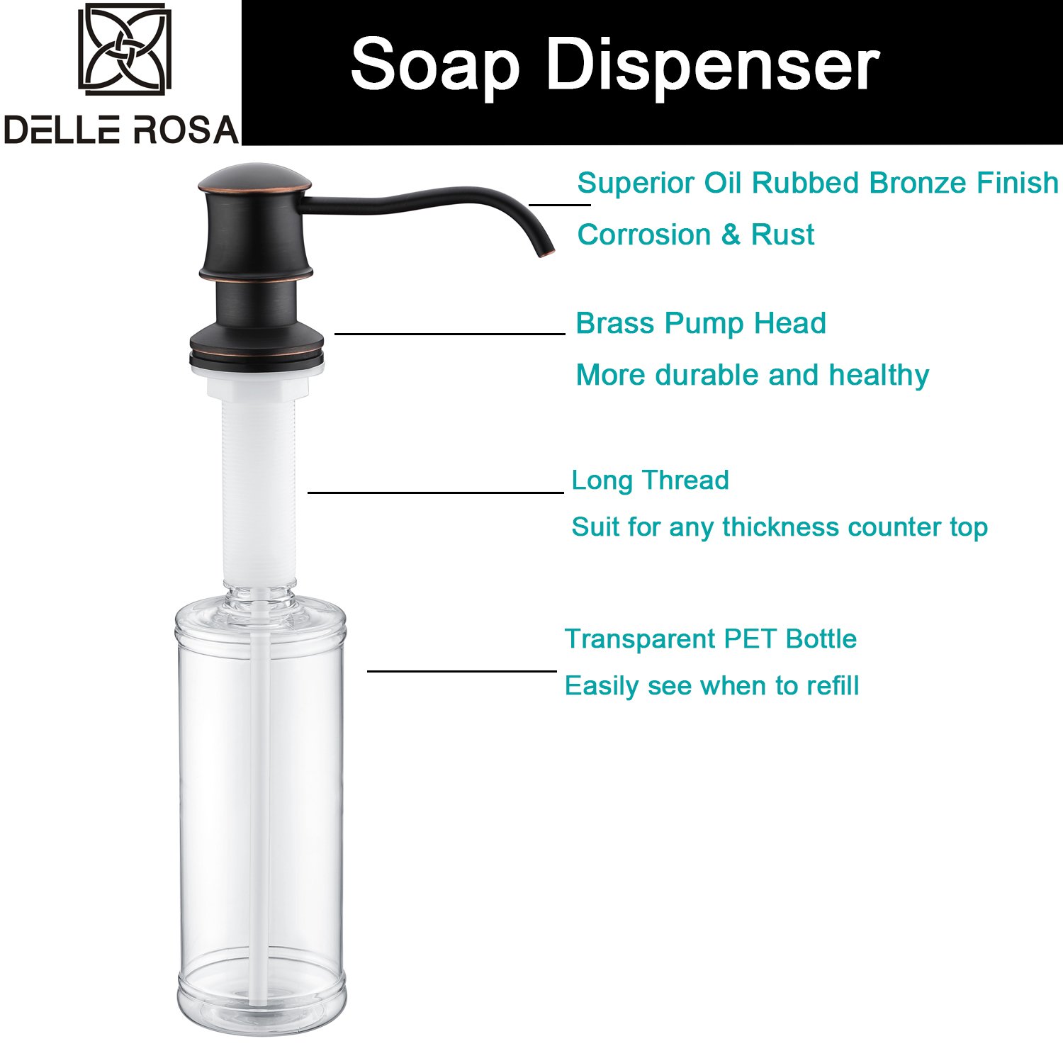 Delle Rosa Soap Dispenser, Liquid Soap Dispenser for Kitchen Sink, Brass Head Kitchen Sink Soap Dispenser Soap or Lotion Pump Dispenser Oil Rubbed Bronze, 11oz/320ml
