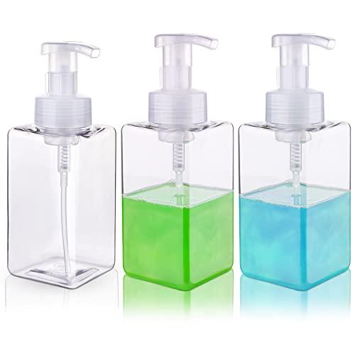 Hethyo Foaming Soap Dispenser 3 Pcs 450ml/15.2oz Square Refillable Plastic Hand Pump Bottle for Liquid Soap Shampoo Body Wash (Clear)