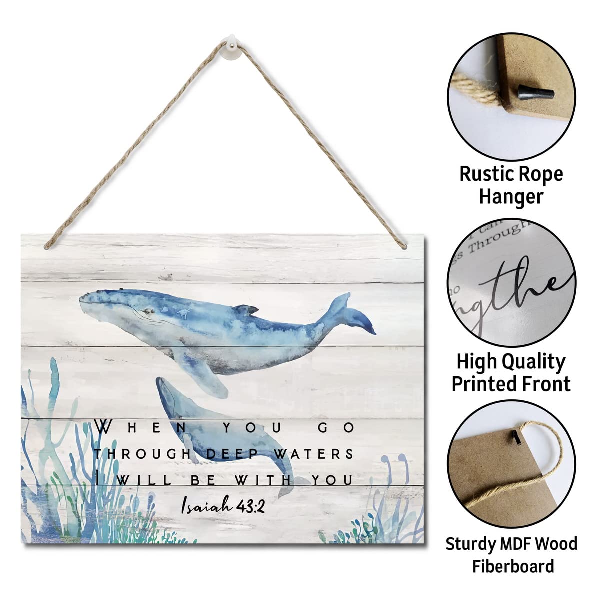 Bible Verse Printed Wood Plaque Sign Wall Hanging, Home Wall Decor When You Go Through Deep Waters I Will Be With You Scripture Rustic Hanging Wall Plaque Wood Signs, Isaiah 43:2 Christian Sign