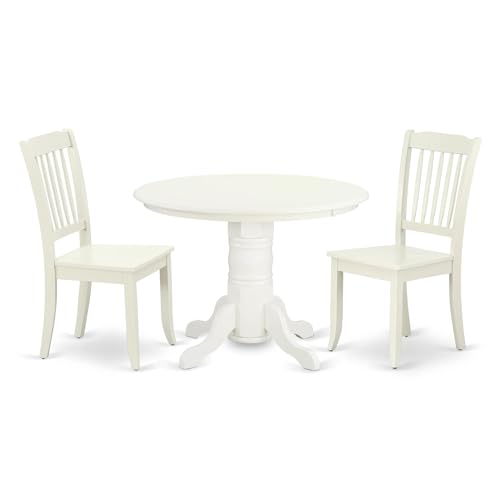 East West Furniture SHDA3-LWH-W 3 Piece Kitchen Table Set for Small Spaces Contains a Round Dining Table with Pedestal and 2 Dining Room Chairs, 42x42 Inch, Linen White