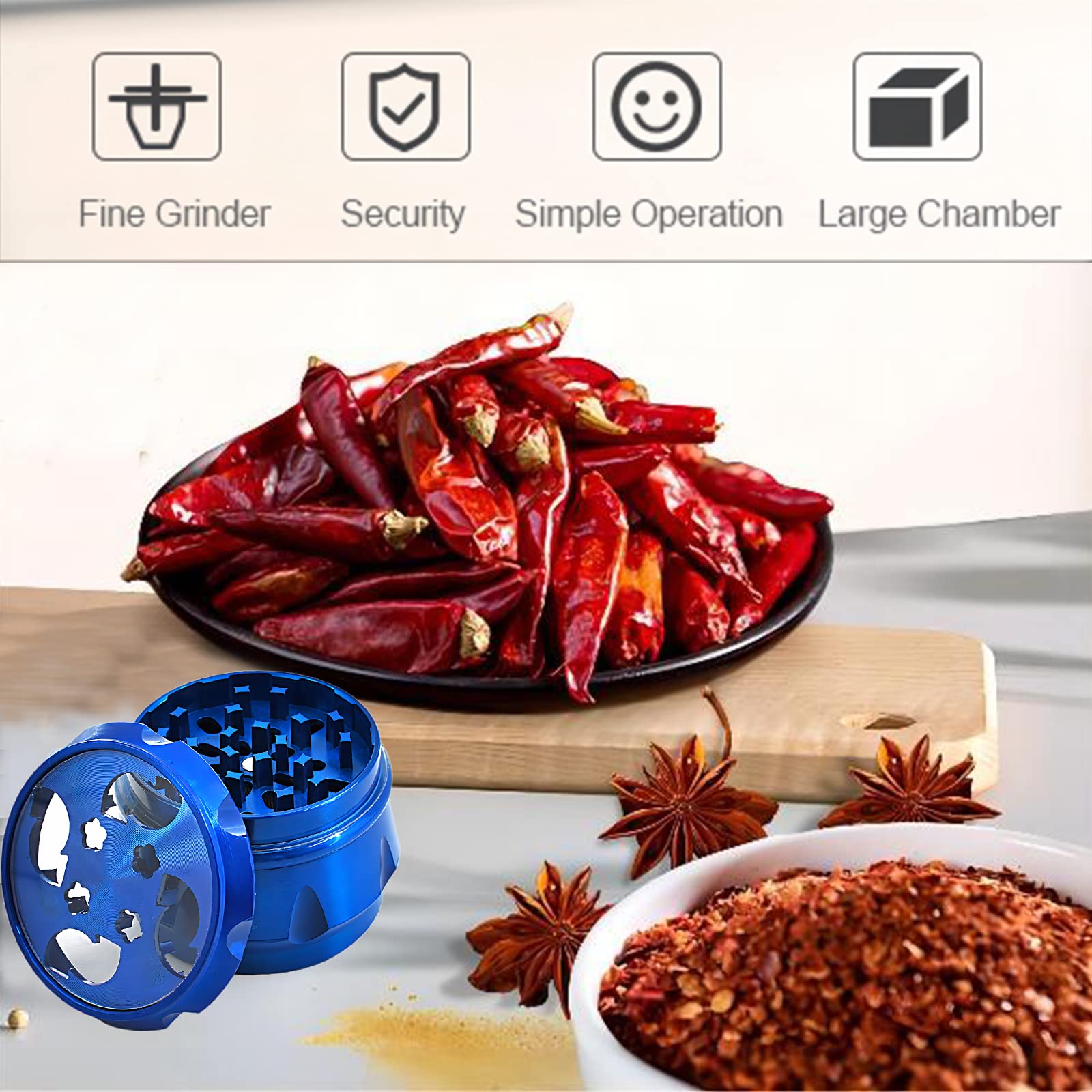 Generic 2.5 Inch Four Layers Manual Grinder - Spice and Seed Grinder - Kitchen Gadget - Transparent Cover - Easy to Clean - Suitable for Coffee Beans, Spices, Tobacco (1 Pack) (Blue)