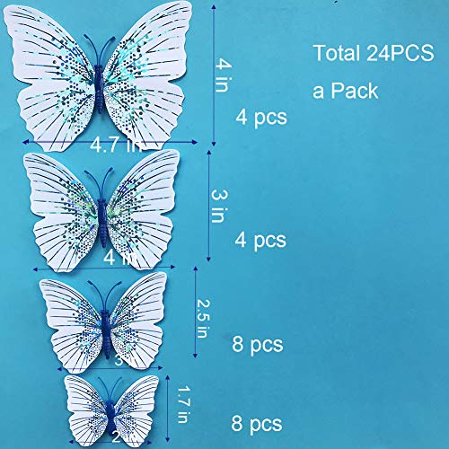 24PCS Butterfly Stickers with Sponge Gum and Magnets, White Crystal Removable Butterfly Wall Sticker Decals for Room Home Nursery Decor (Blue Single Wing)