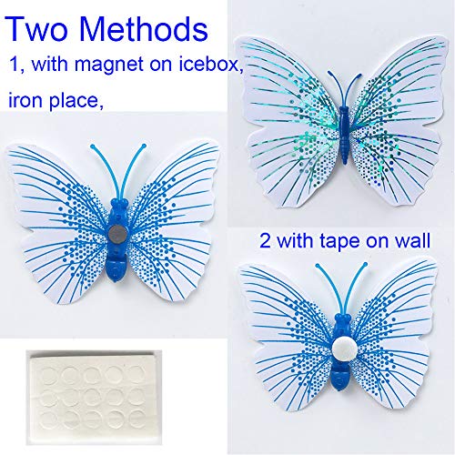 24PCS Butterfly Stickers with Sponge Gum and Magnets, White Crystal Removable Butterfly Wall Sticker Decals for Room Home Nursery Decor (Blue Single Wing)