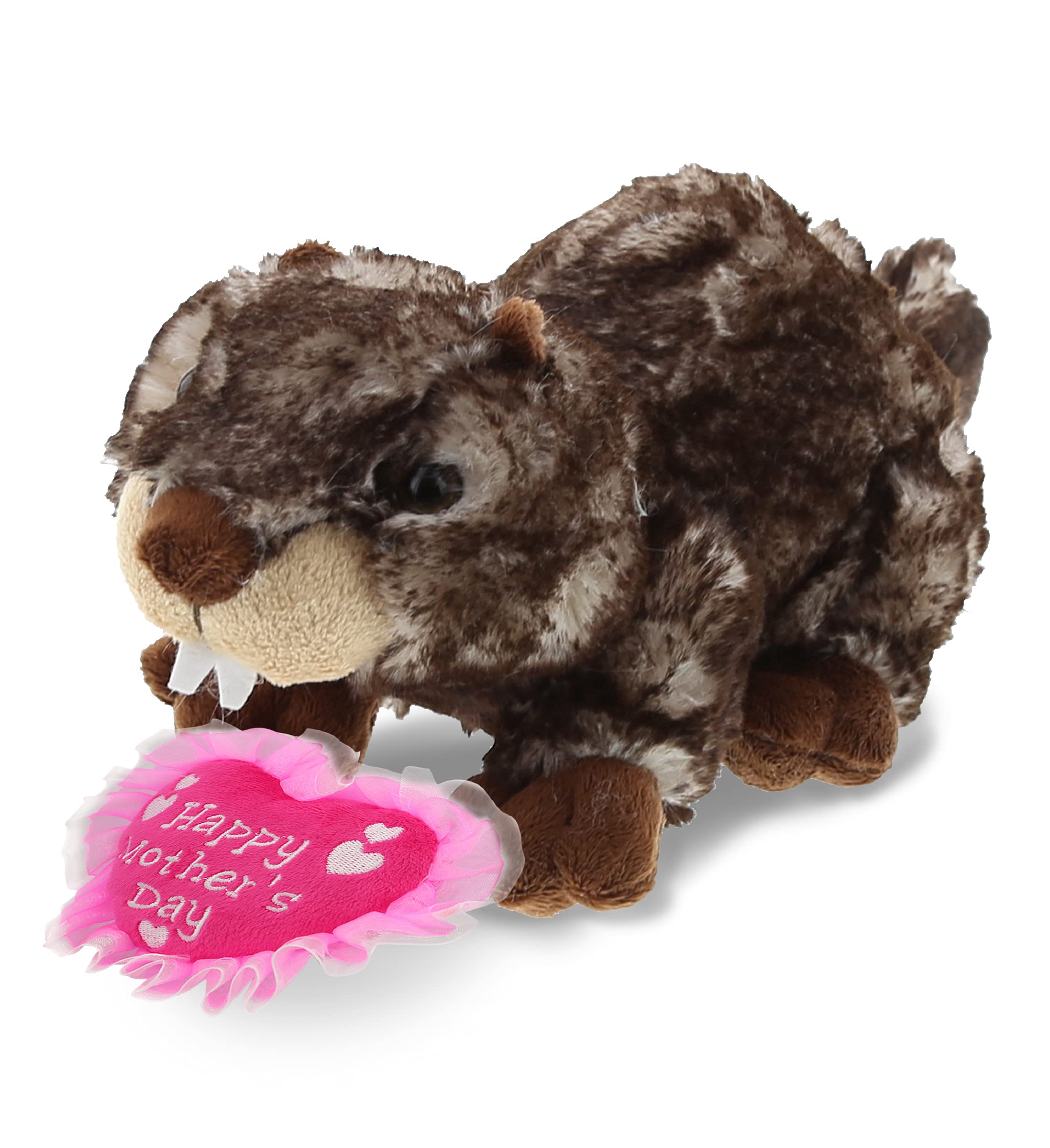 DolliBu Happy Mother's Day Super Soft Lying Marmot Plush Figure - Cute Stuffed Animal with Pink Heart Message for Best Mommy, Grandma, Wife, Daughter - 11" Inches