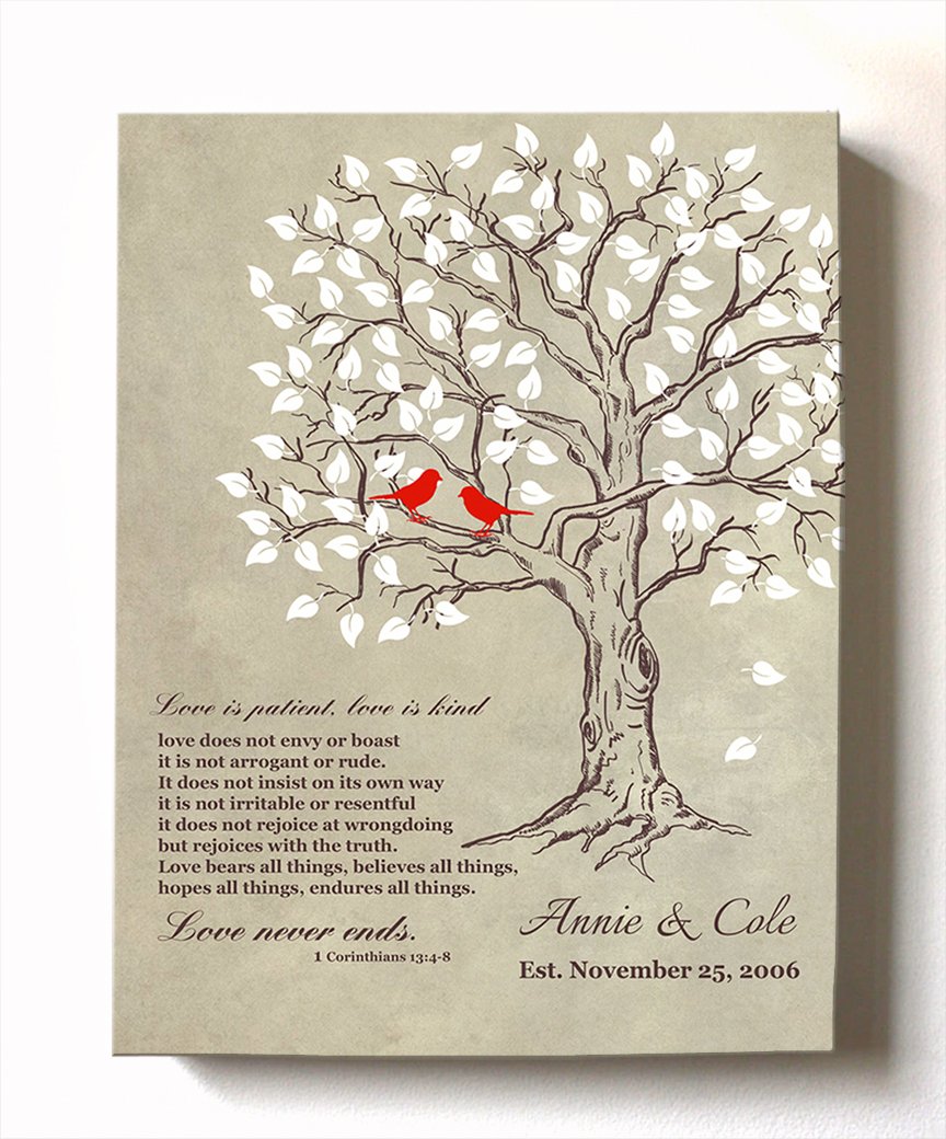 MuralMax Personalized Anniversary Family Tree Artwork - Love is Patient Love Is Kind Bible Verse - Unique Wedding & Housewarming Canvas Wall Decor Gifts - Color Beige # 1 Size 12 x 16