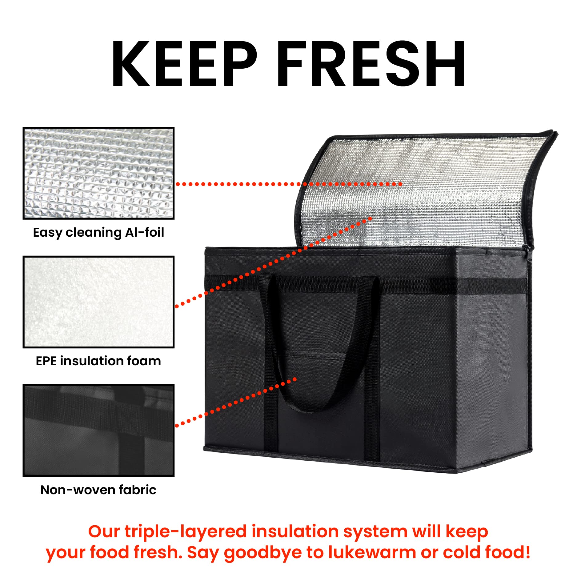 NZ home Insulated Cooler Bag and Food Warmer (XL Plus, 2 Pack) for Delivery & Grocery Shopping with Zippered Top, Gray