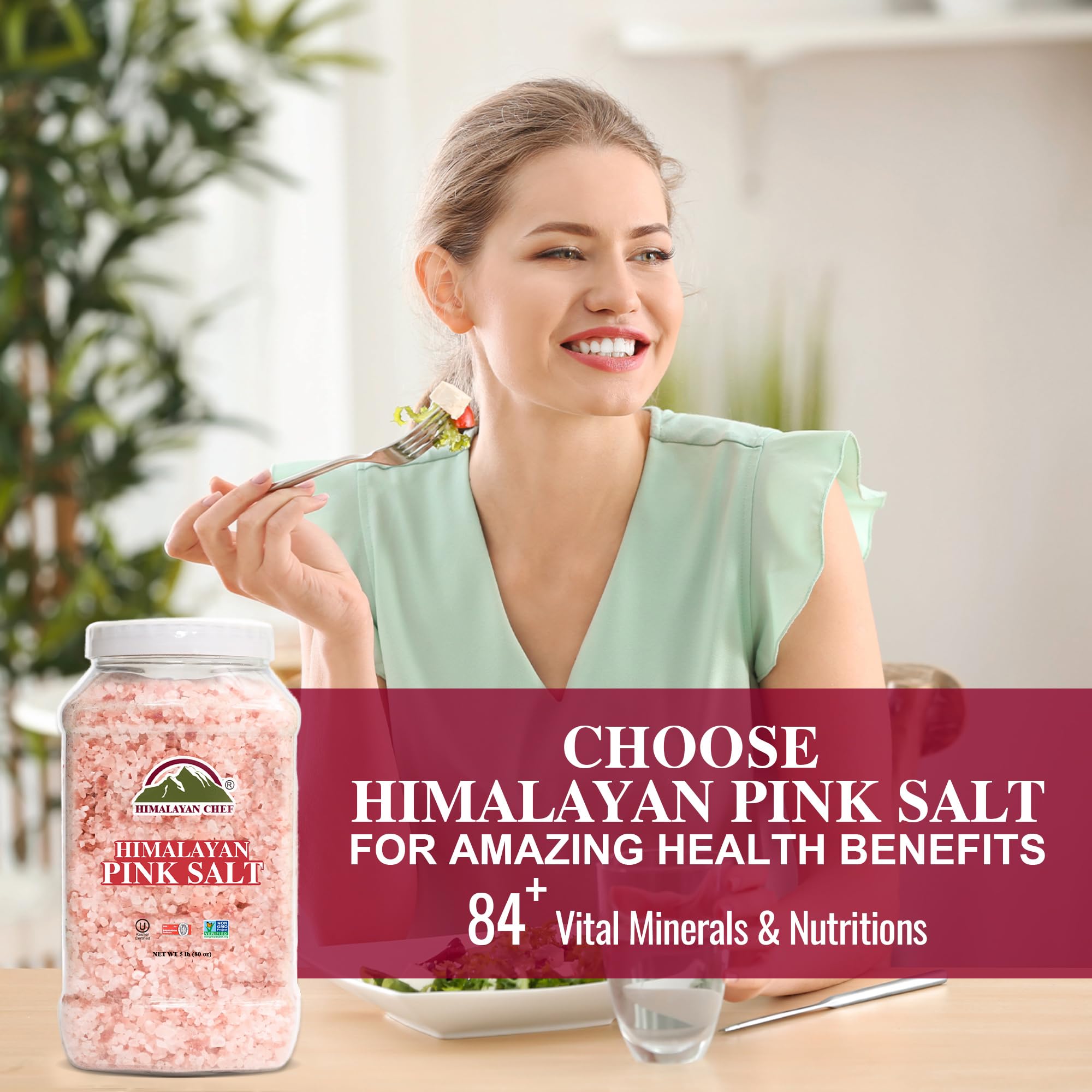 Himalayan Chef Himalayan Pink Salt 80 oz (2.26kg), Non-GMO, Kosher, Coarse Grain, Nutrient and Mineral Dense for Health, Gourmet Pure Crystal Pink Salt, Pink Salt for Grinder, Himalayan Salt, 5 Pound (Pack of 1)