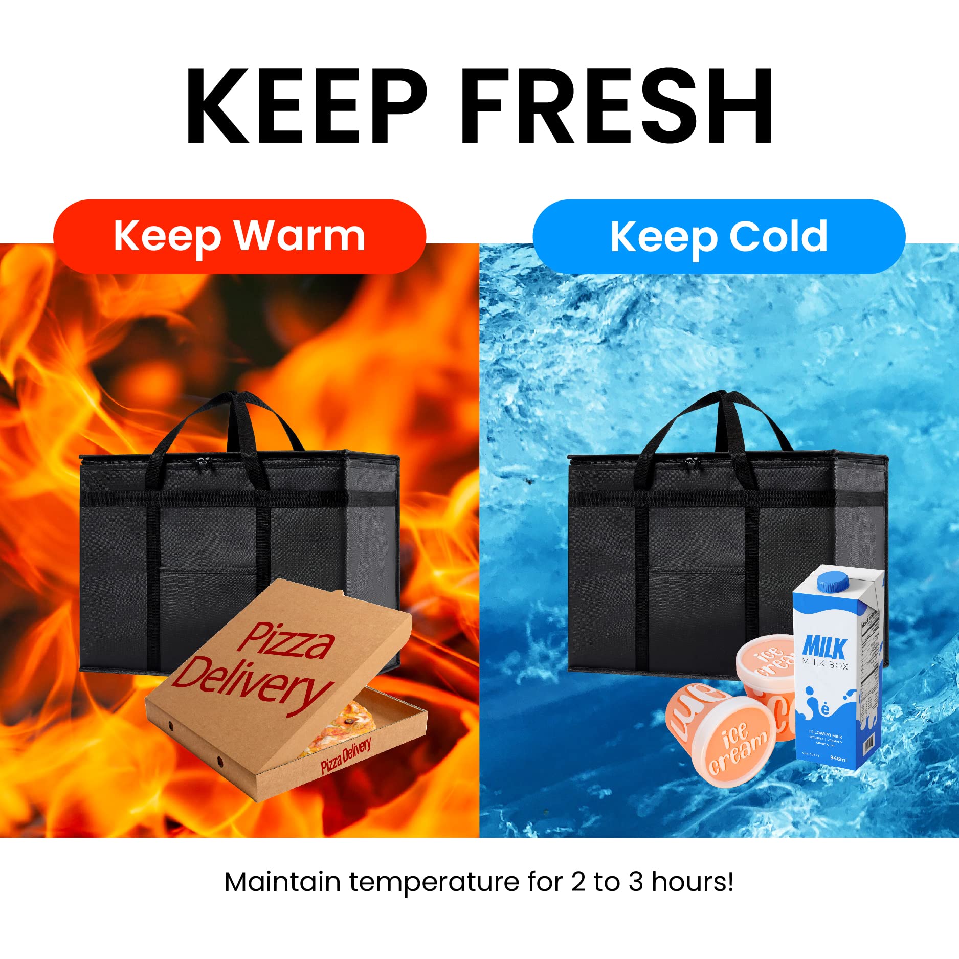NZ home Insulated Cooler Bag and Food Warmer (XL Plus, 2 Pack) for Delivery & Grocery Shopping with Zippered Top, Gray