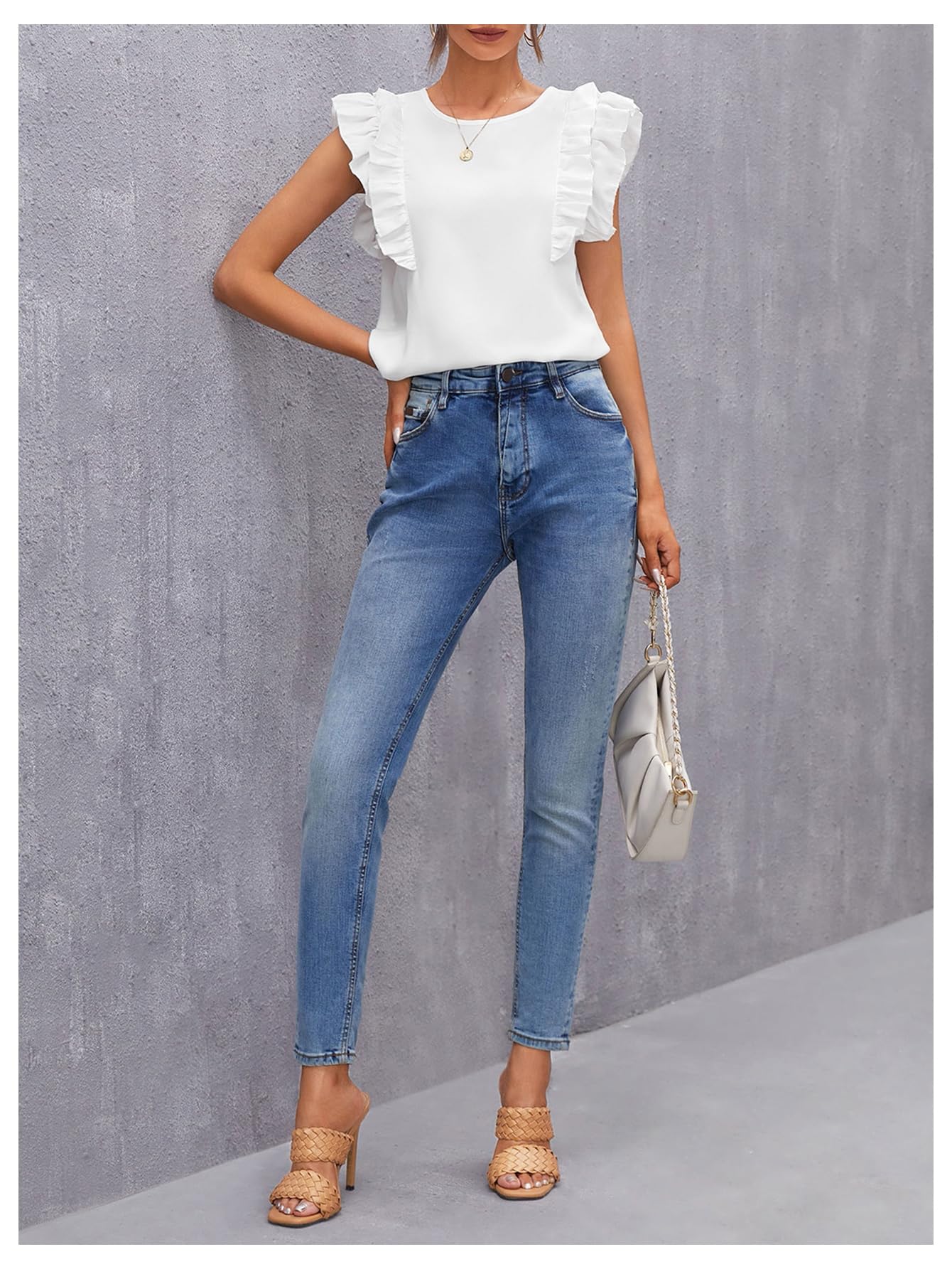 Milumia Women Elegant Ruffle Trim Butterfly Sleeve Blouse Round Neck Work Shirt Top White Large