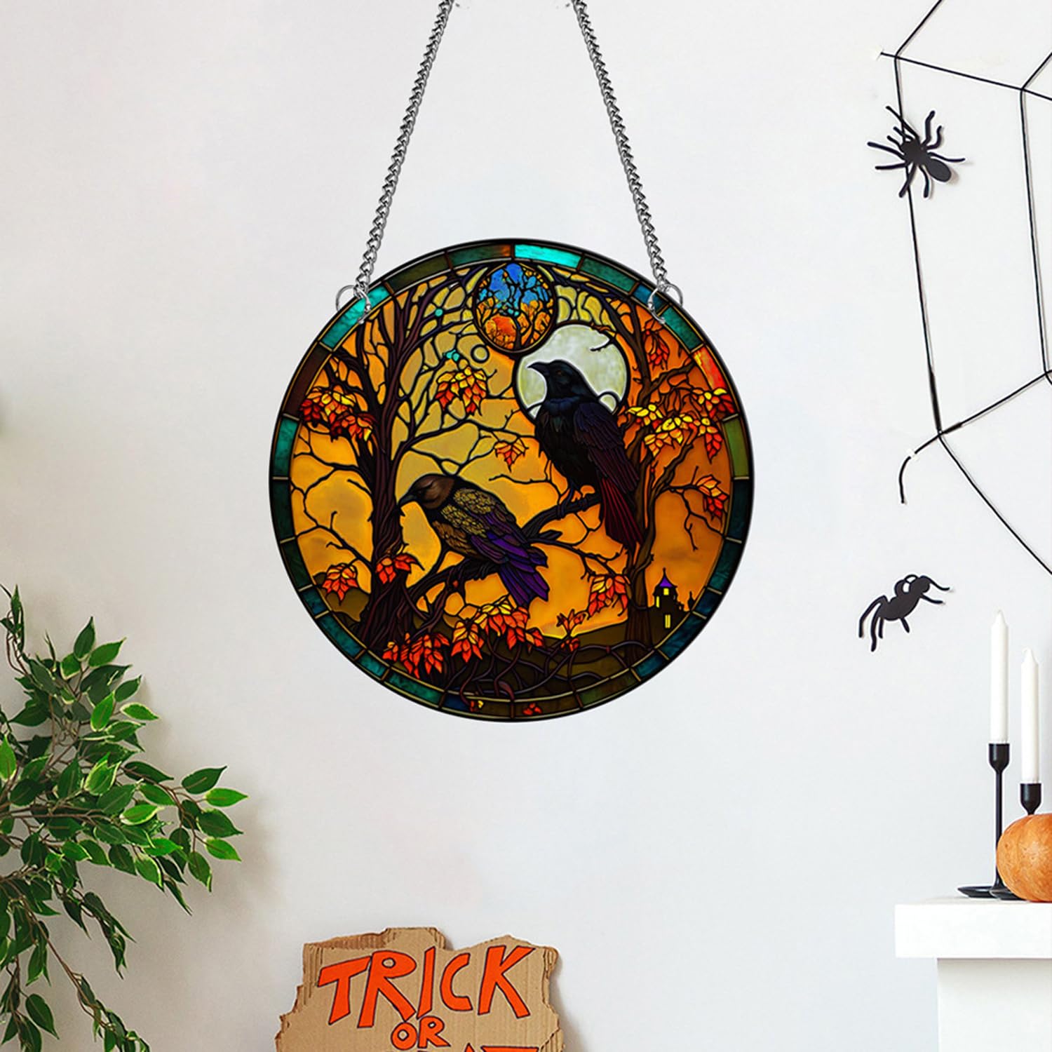 MATIHAY Crows Stained Acrylic Window Hanging - Crow Raven Wall Decor for Bird Lovers, Halloween Fall Christmas Decor for Home, Cafe (Crows,L)