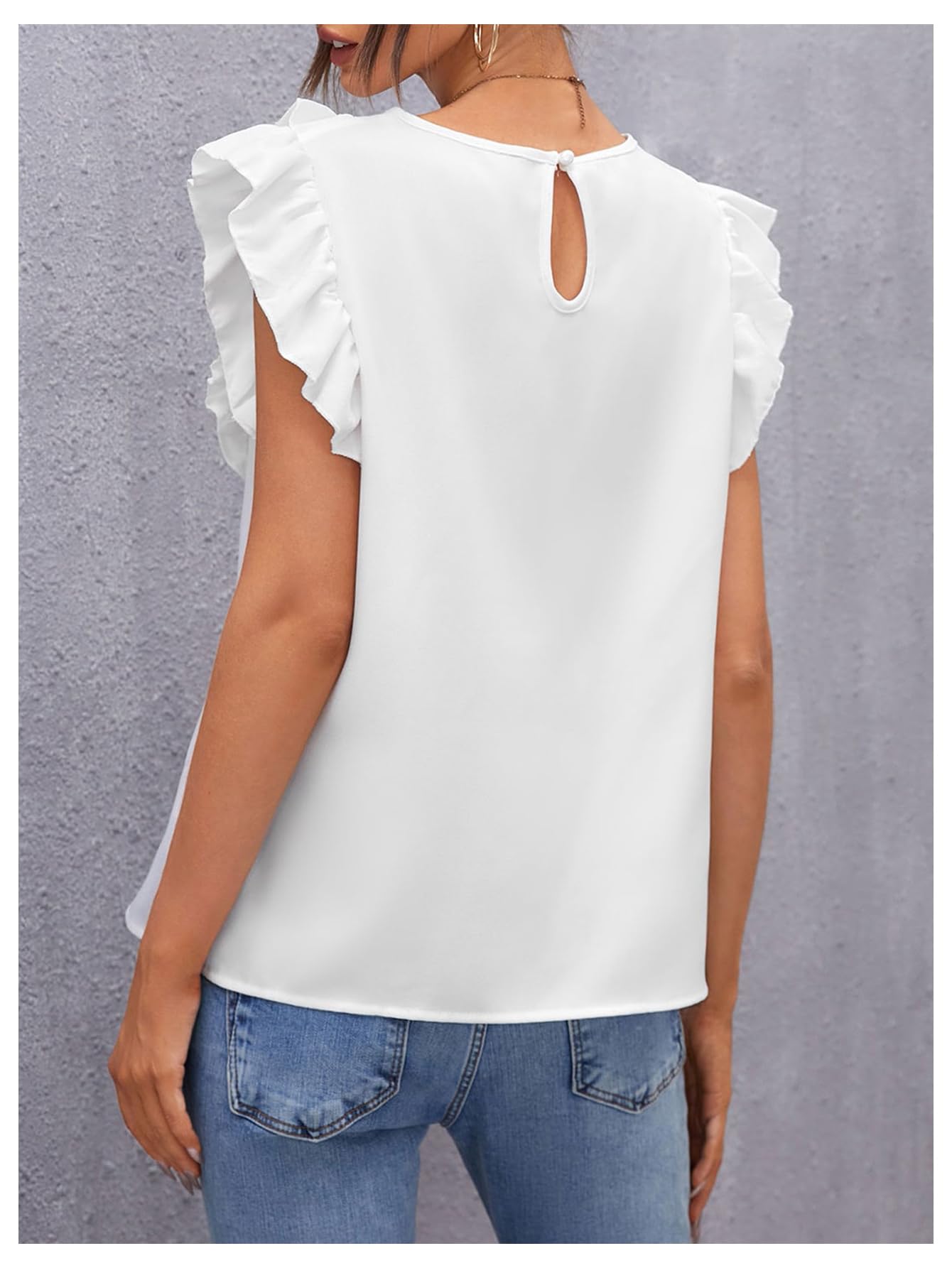 Milumia Women Elegant Ruffle Trim Butterfly Sleeve Blouse Round Neck Work Shirt Top White Large