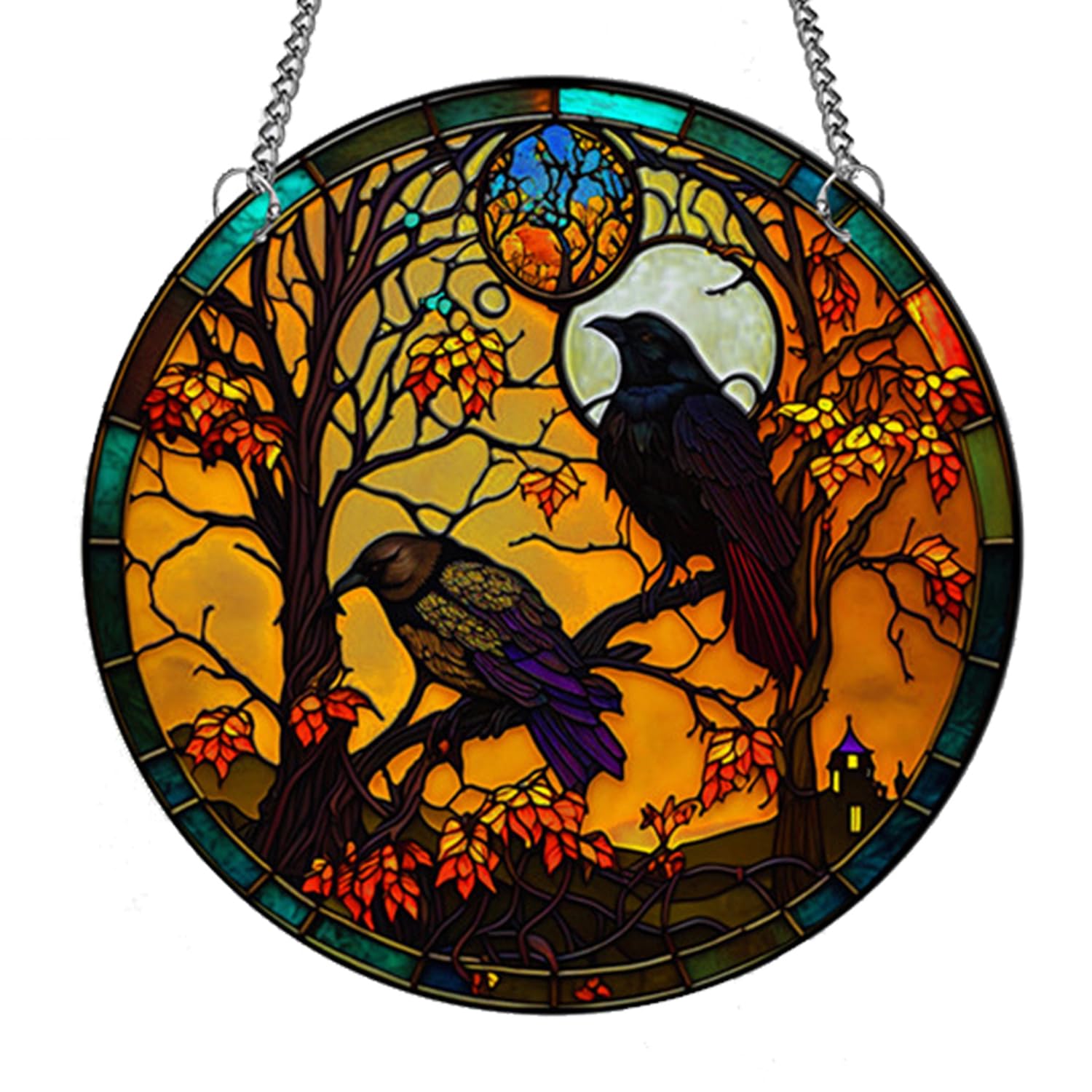 MATIHAY Crows Stained Acrylic Window Hanging - Crow Raven Wall Decor for Bird Lovers, Halloween Fall Christmas Decor for Home, Cafe (Crows,L)