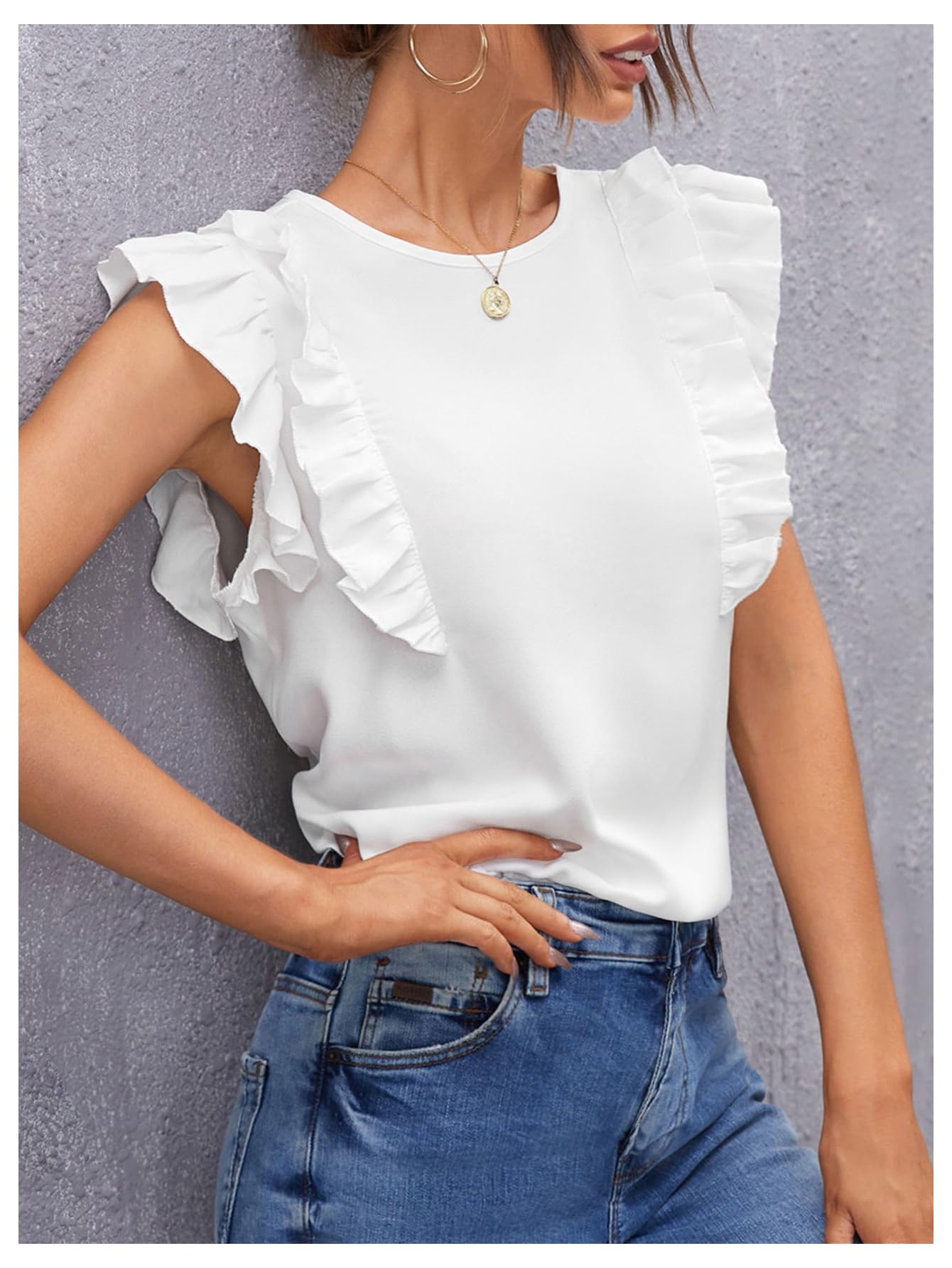 Milumia Women Elegant Ruffle Trim Butterfly Sleeve Blouse Round Neck Work Shirt Top White Large