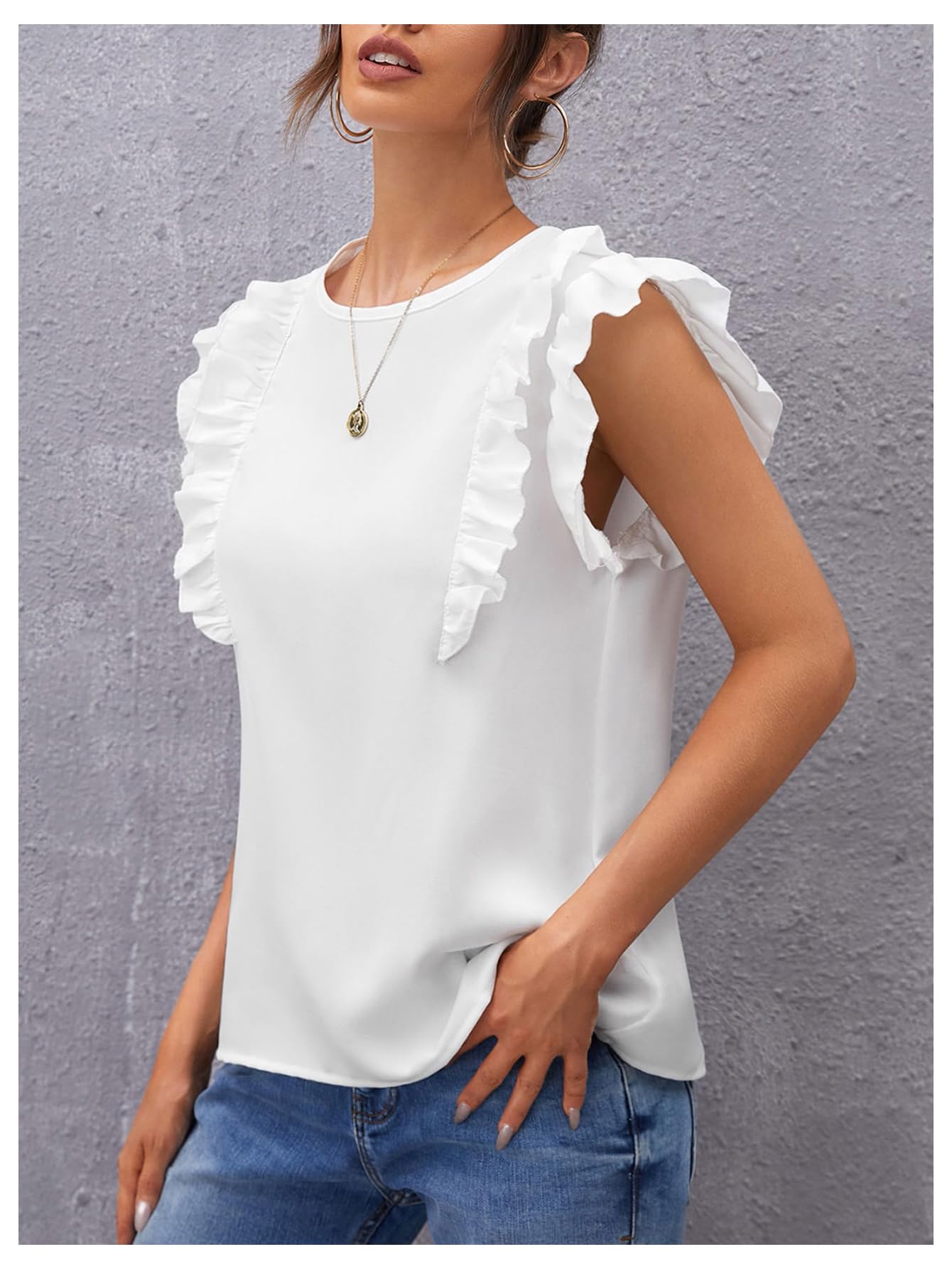 Milumia Women Elegant Ruffle Trim Butterfly Sleeve Blouse Round Neck Work Shirt Top White Large