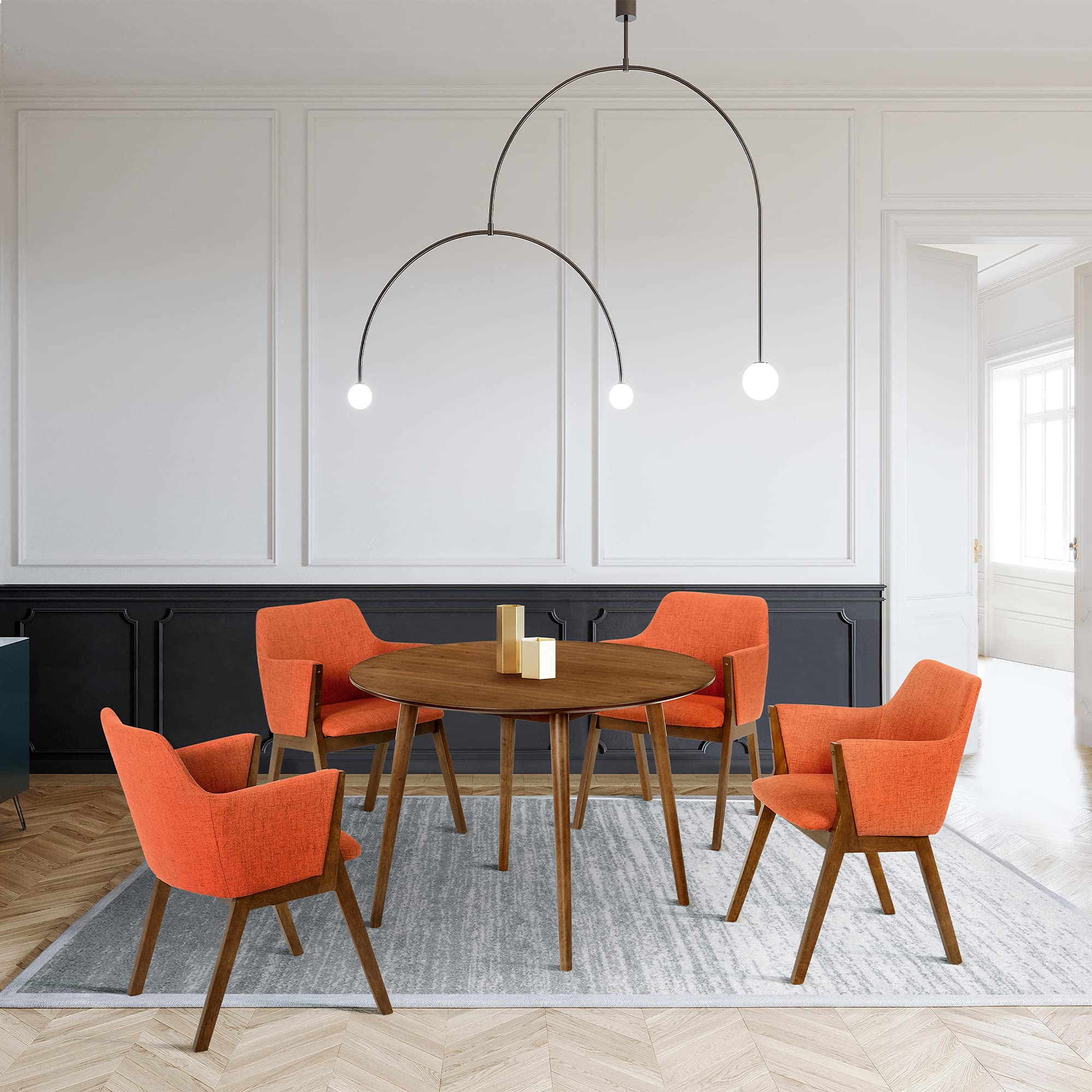Armen Living Arcadia and Renzo 5 Piece Dining Set, 42" Round, Orange/Walnut Wood