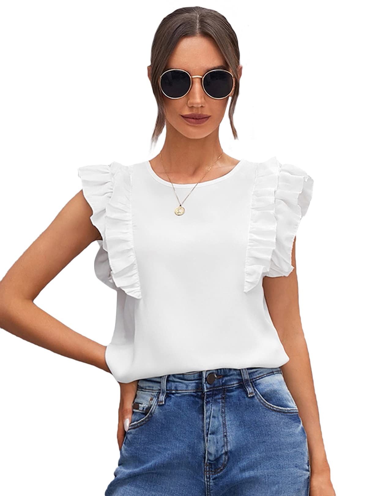 Milumia Women Elegant Ruffle Trim Butterfly Sleeve Blouse Round Neck Work Shirt Top White Large