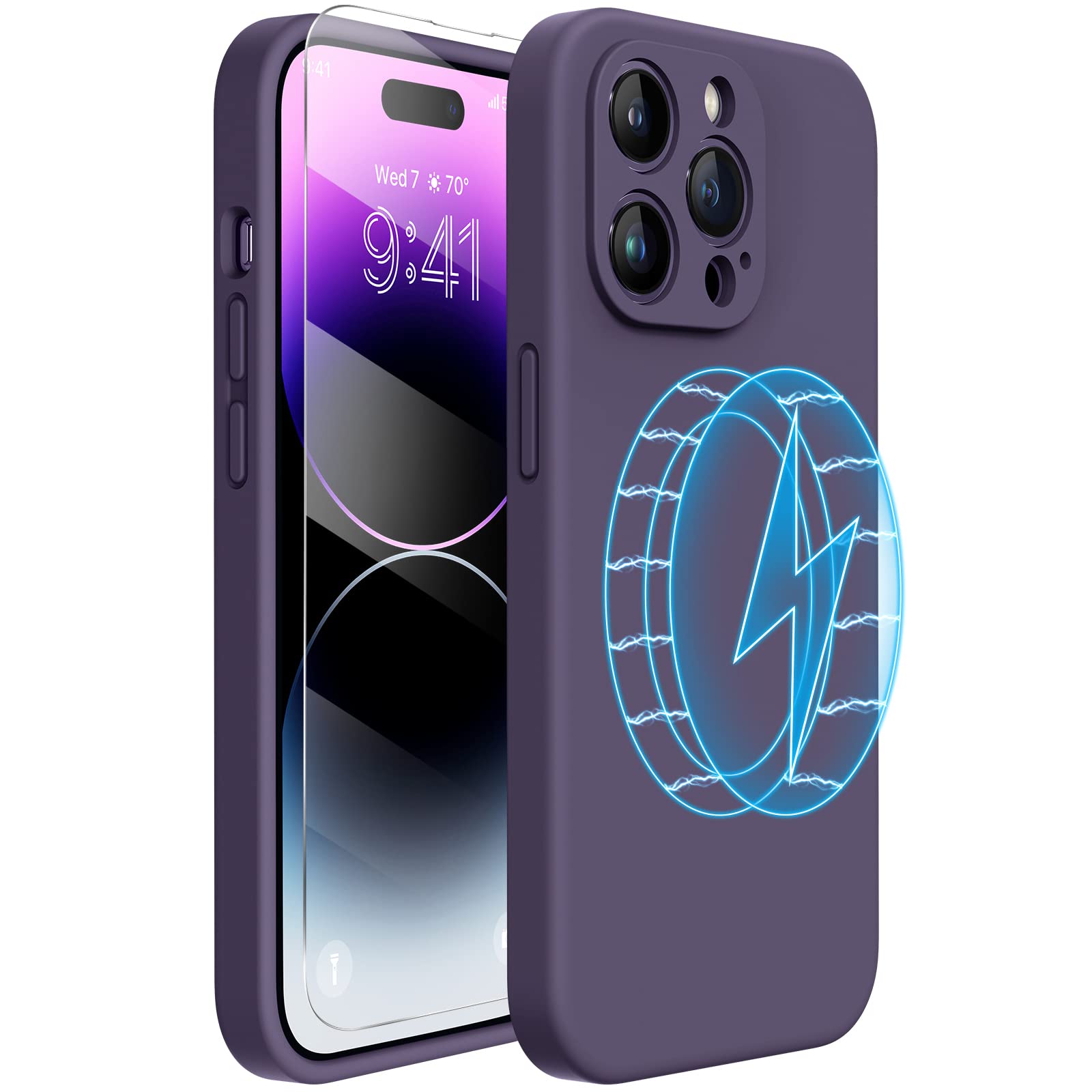 Miracase Designed for iPhone 14 Pro Case, Compatible with Magsafe, 1 Pack Screen Protector, Shockproof Liquid Silicone Rubber Phone Case Cover for 14 Pro 6.1 inch (Purple Magnetic)