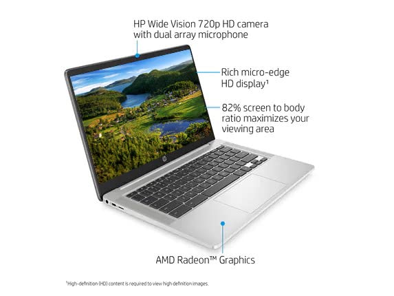 HP 2022 Newest Chromebook Laptop, 14" HD Screen, AMD 3015Ce Processor, 4GB RAM, 32GB eMMC Flash Memory, Webcam, WiFi, Bluetooth, Fast Charge, Chrome OS, Mineral Silver