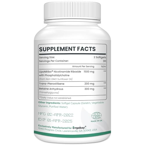 Orgabay Liposomal Nicotinamide Riboside 2000 MG with TMG and Pterostilbene, Boosting NAD+, Support Healthy Aging, 60 Count