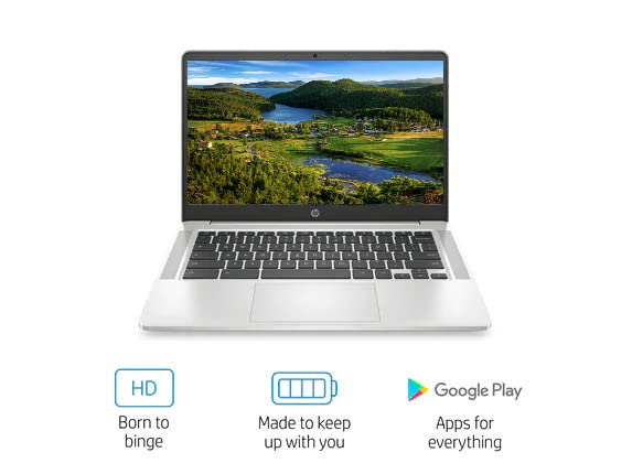 HP 2022 Newest Chromebook Laptop, 14" HD Screen, AMD 3015Ce Processor, 4GB RAM, 32GB eMMC Flash Memory, Webcam, WiFi, Bluetooth, Fast Charge, Chrome OS, Mineral Silver