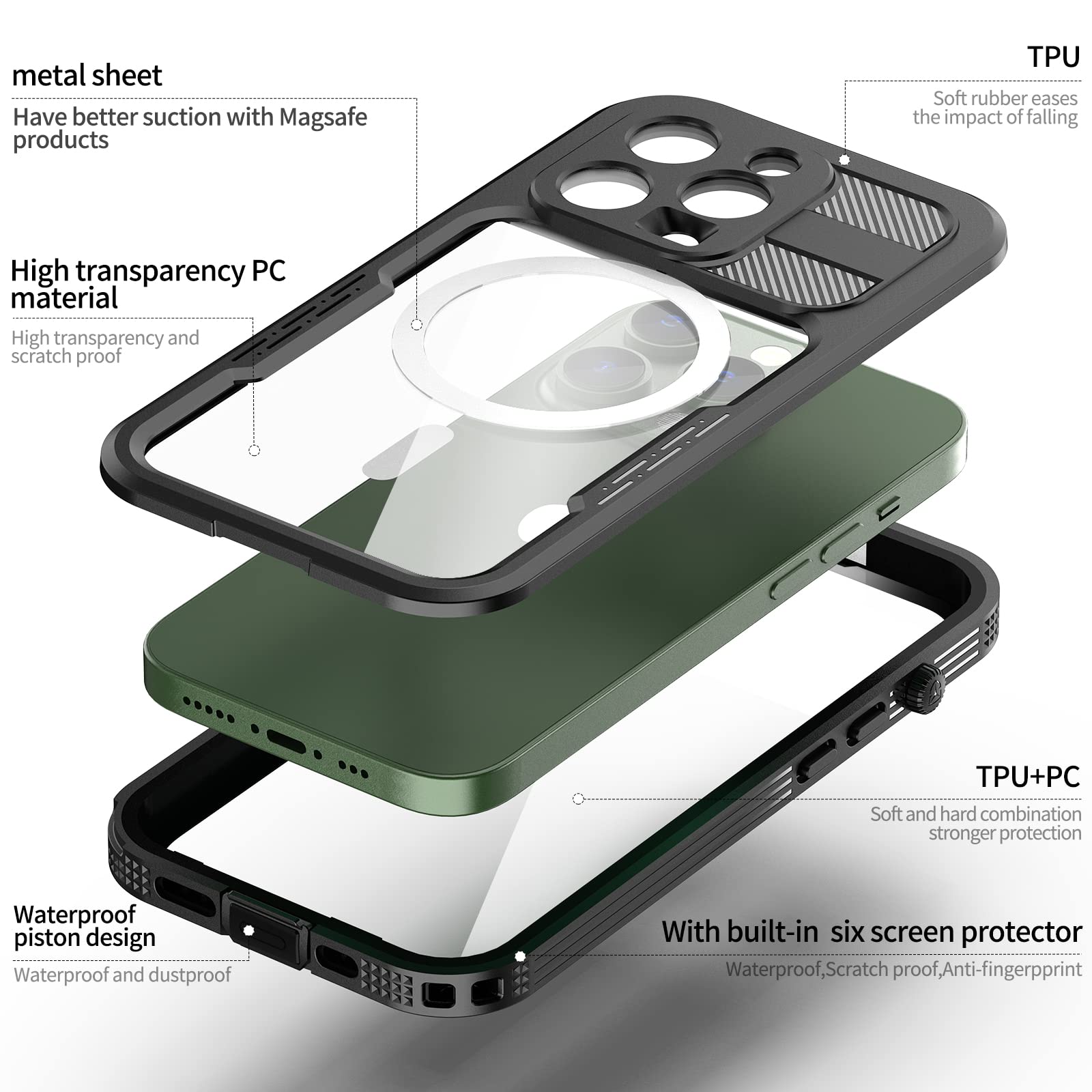 comosso for iPhone 14 Pro Case Waterproof, Built-in Screen Protector Full-Body Rugged Sealed Cover Shockproof Dustproof Waterproof Case for iPhone 14 Pro 6.1 inch (Black+Clear)