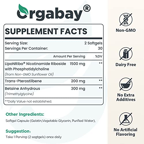Orgabay Liposomal Nicotinamide Riboside 2000 MG with TMG and Pterostilbene, Boosting NAD+, Support Healthy Aging, 60 Count
