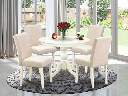 East West Furniture HBAB5-LWH-02 5 Piece Dining Room Table Set Includes a Round Dining Table with Pedestal and 4 Light Beige Linen Fabric Upholstered Parson Chairs, 42x42 Inch, Linen White