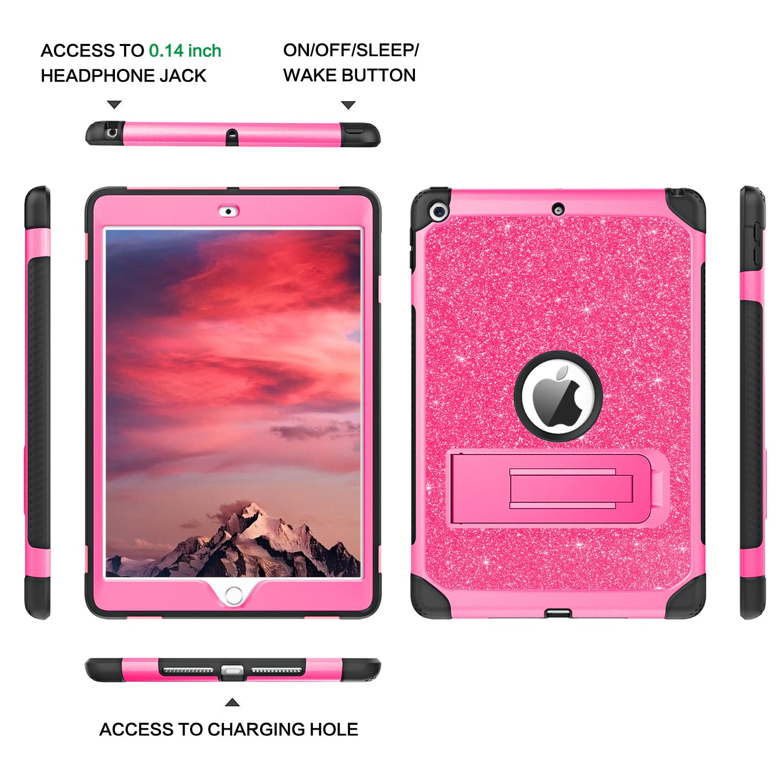 YINLAI Case for iPad 6th / 5th Generation, iPad 9.7 Case Glitter Women Hybrid Shockproof Protective Cover with Kickstand iPad 9.7-Inch iPad Air 2nd A1893/A1954/A1822/A1823, Hot Pink