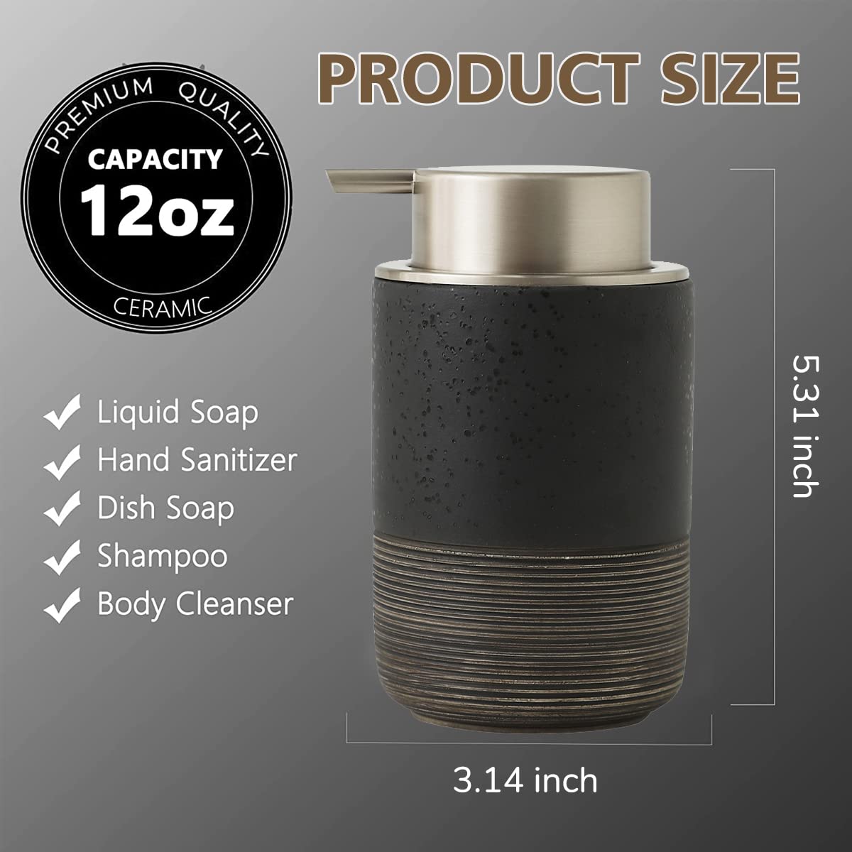 Ceramic Foam Hand Soap Dispenser, 12Oz Countertop Lotion Dispensers for Bathroom with Easy-to-Press Pump, Refillable Liquid Lotion Hand Soap Dispenser, Dish Soap Dispenser for Kitchen