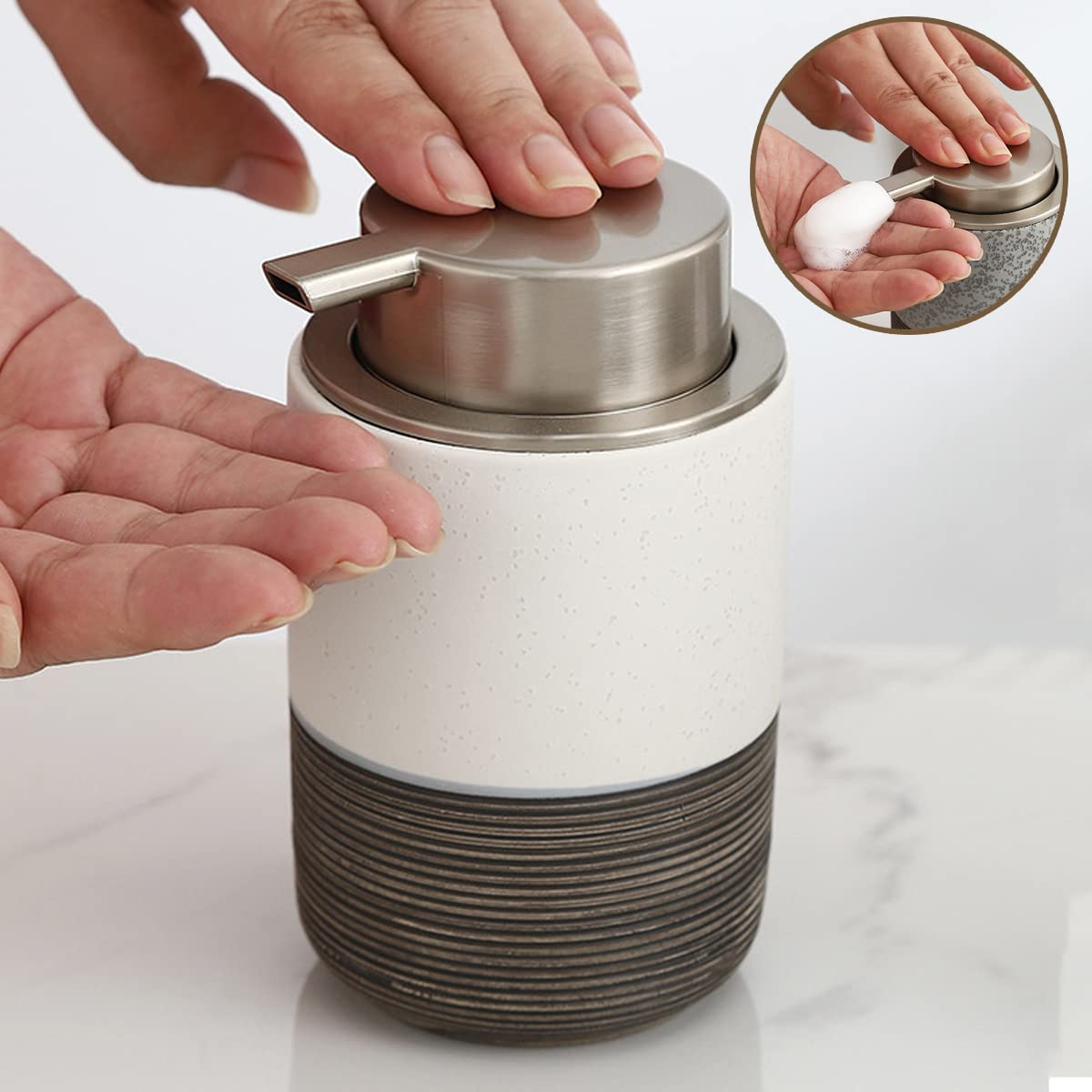 Ceramic Foam Hand Soap Dispenser, 12Oz Countertop Lotion Dispensers for Bathroom with Easy-to-Press Pump, Refillable Liquid Lotion Hand Soap Dispenser, Dish Soap Dispenser for Kitchen