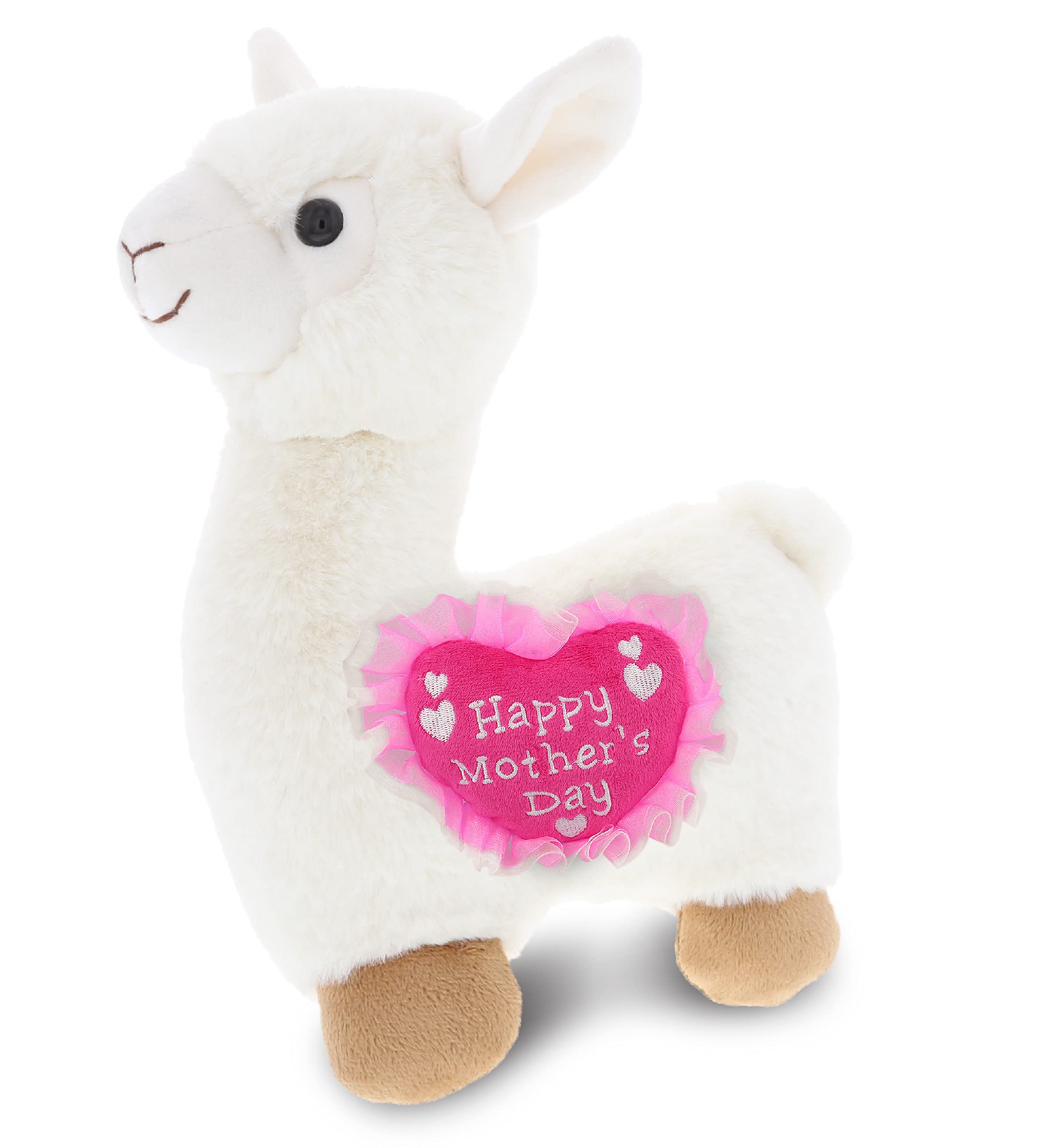 DolliBu Happy Mother's Day Super Soft Plush White Llama Figure - Cute Stuffed Animal with Pink Heart Message for Best Mommy, Grandma, Wife, Daughter - 9" Inches